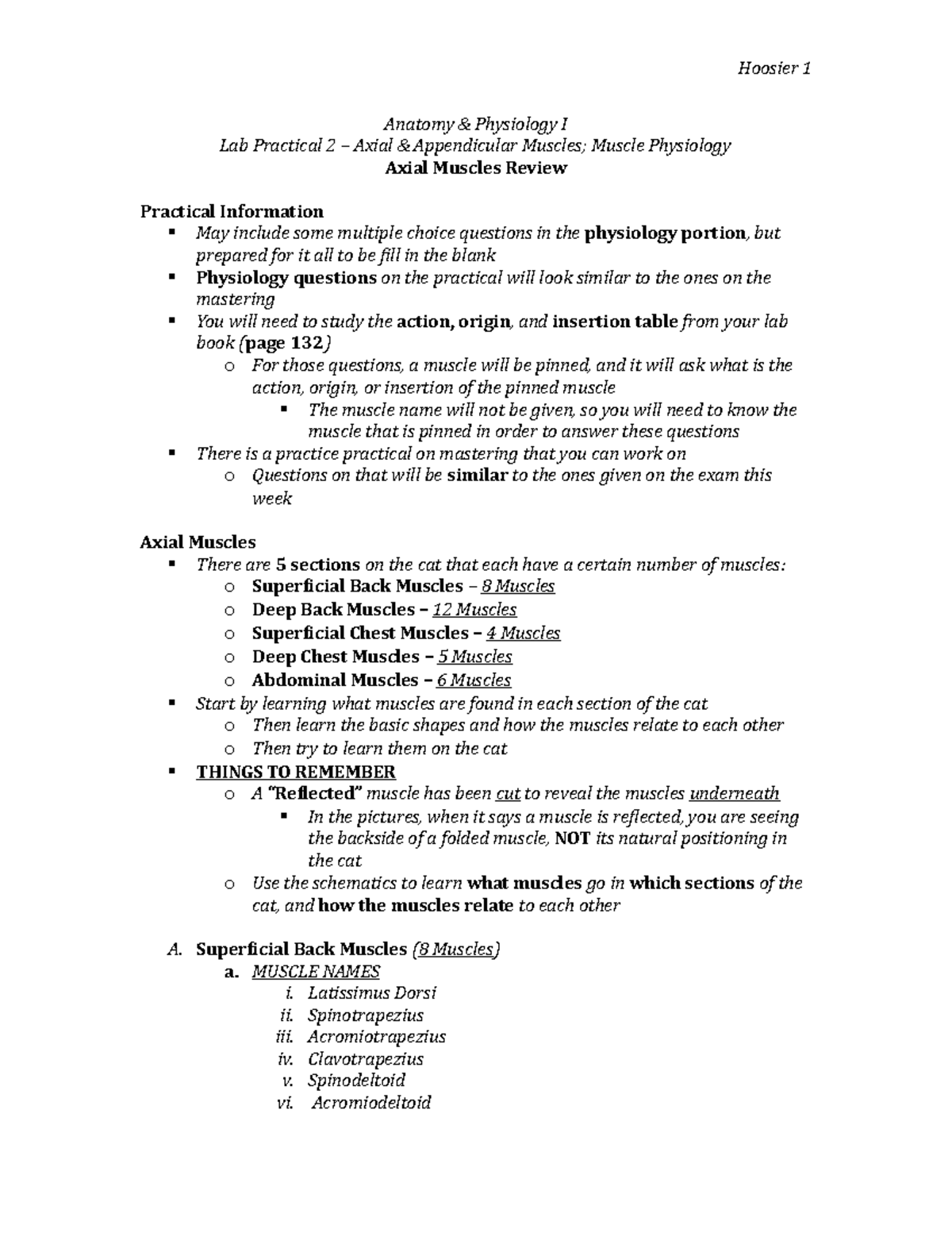 Lab Practical 2 Axial Muscles - Anatomy & Physiology I Lab Practical 2 ...