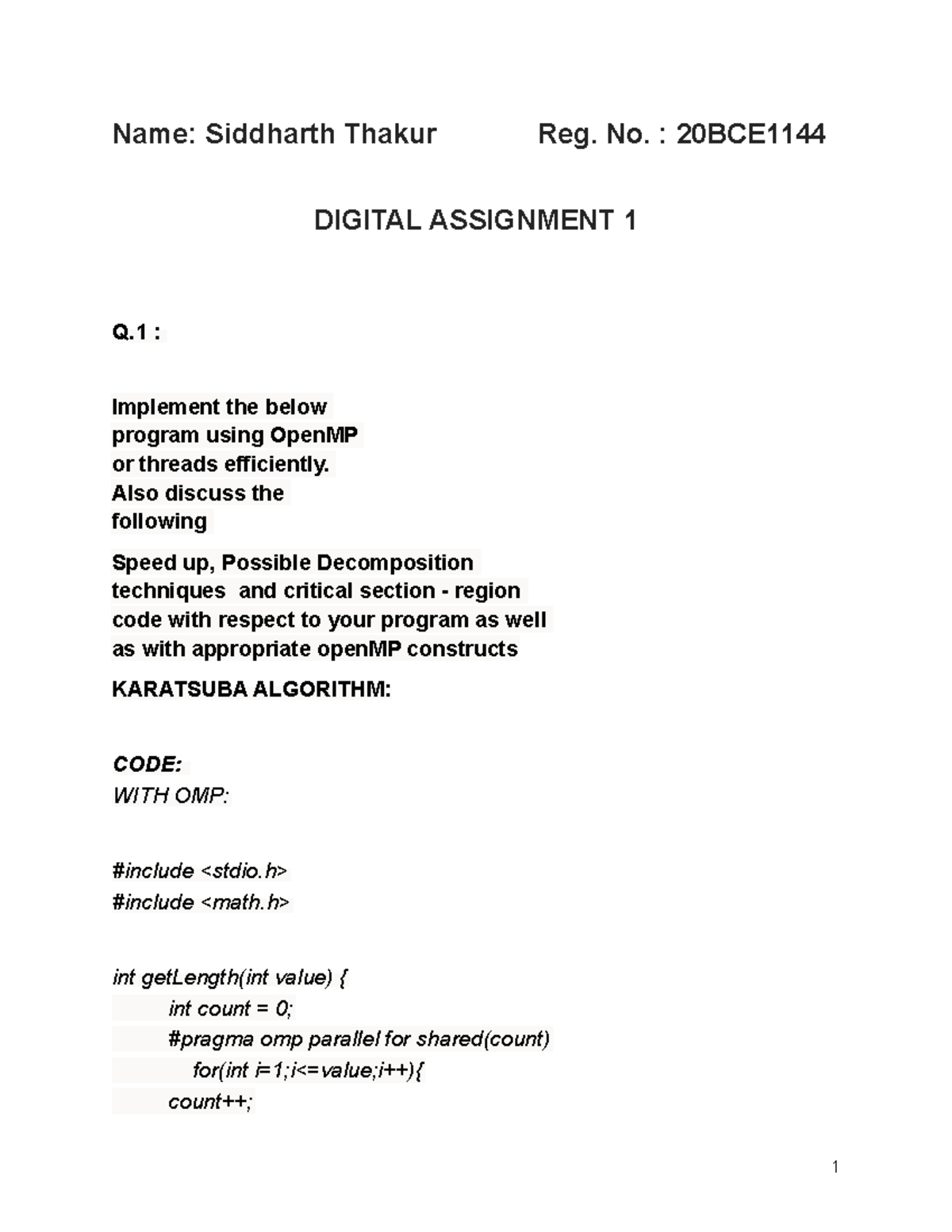 20BCE1144 CSE4001 DA1 - Name: Siddharth Thakur Reg. No. : 20BCE DIGITAL ASSIGNMENT 1 Q ...