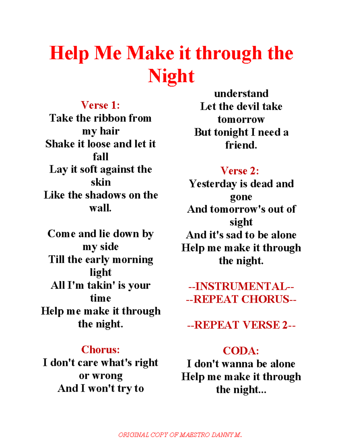 Help Me Make it through the Night - Help Me Make it through the Night ...
