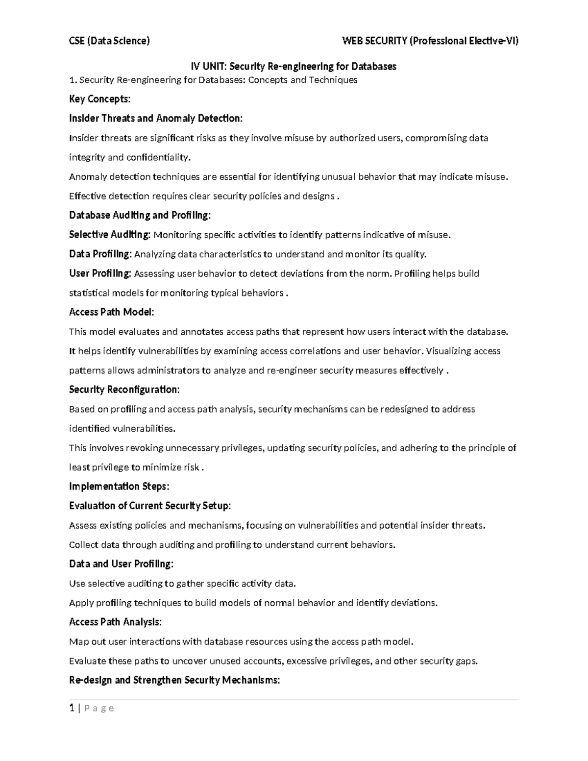 WS-IV UNIT - Summary web security - IV UNIT: Security Re-engineering for Databases 1. Security ...