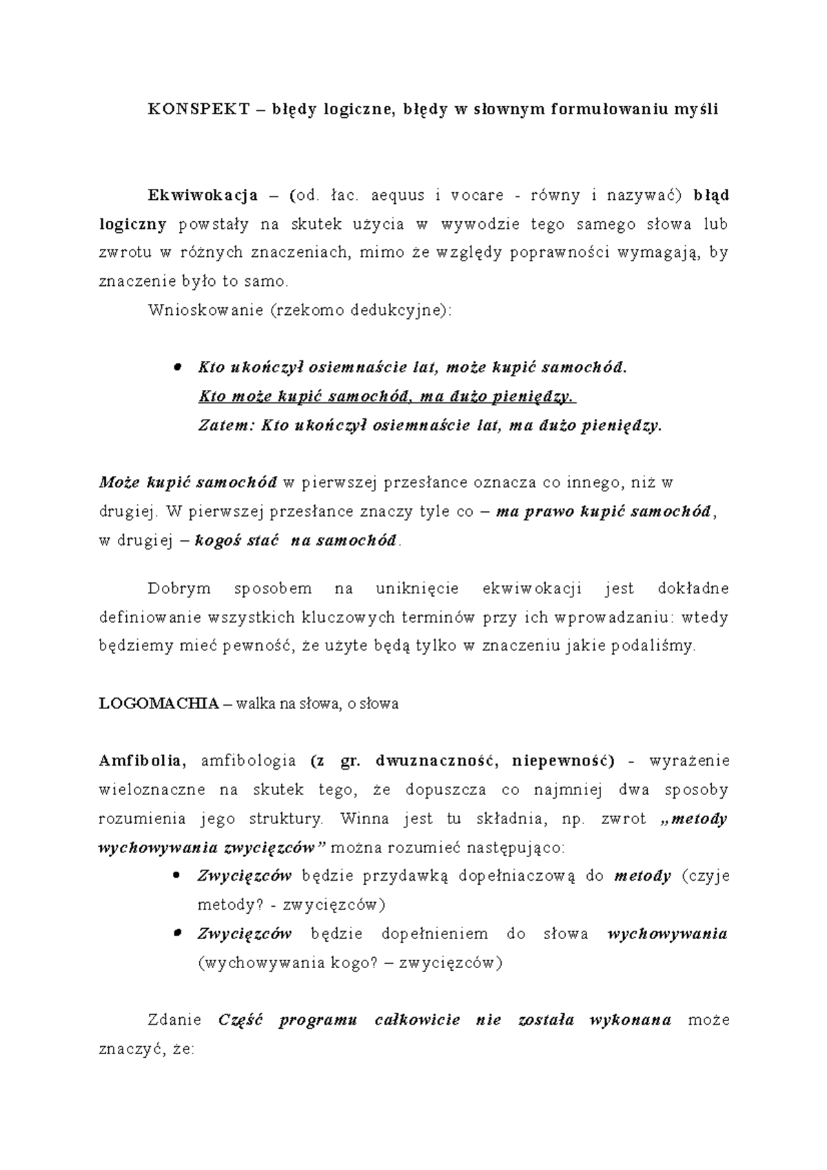 Konspekt Błędy logiczne - KONSPEKT – błędy logiczne, błędy w słownym ...