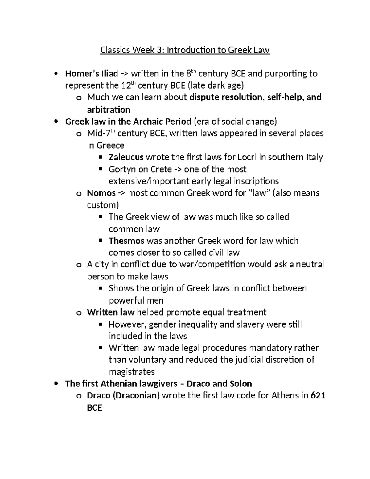 Classics Week 3 Intro to Greek Law - Classics Week 3: Introduction to ...