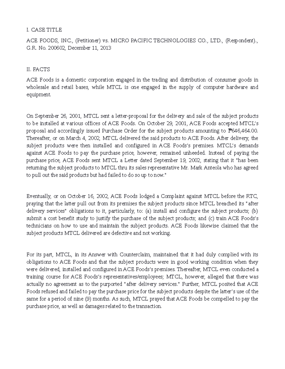 CASE Digest 01235325 - Law on obligations and contracts - Studocu