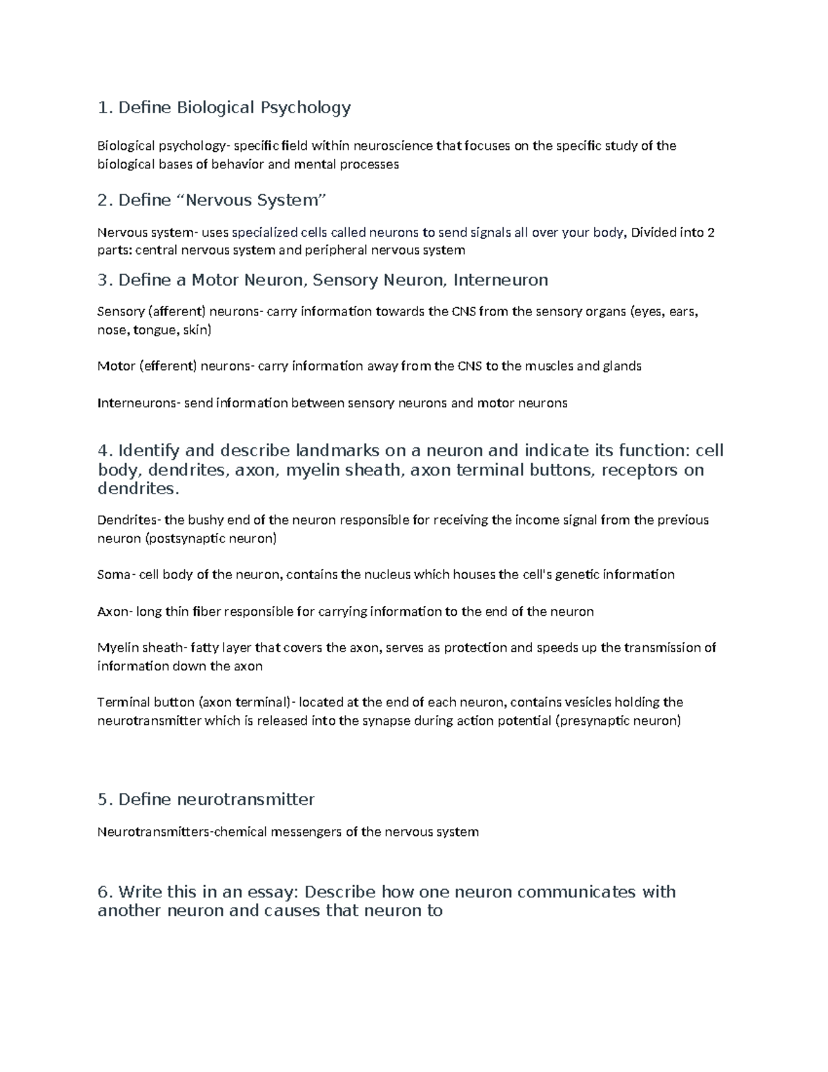 Psych Unit 2 Study Guide - 1. Define Biological Psychology Biological ...