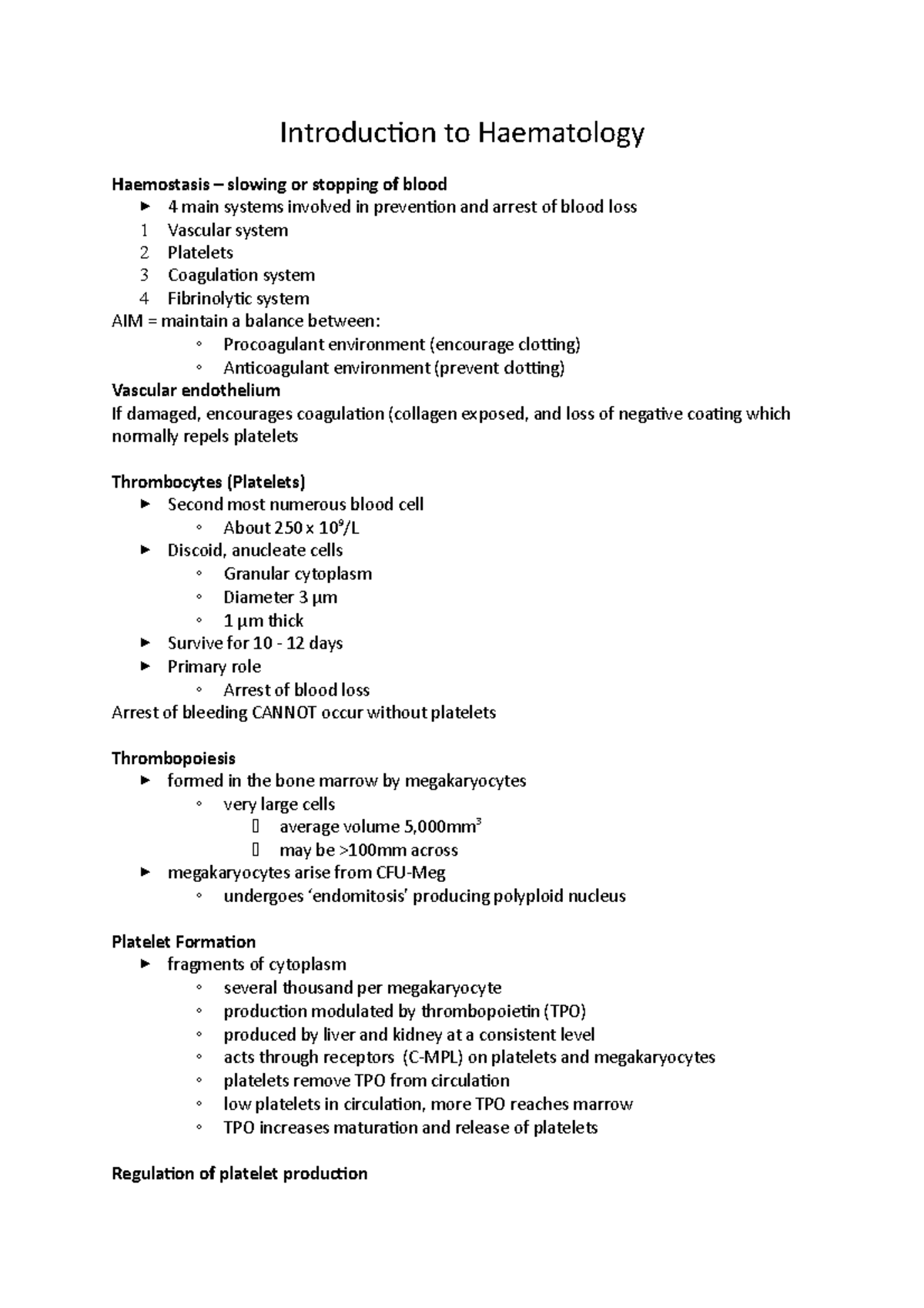 Introduction to Haematology - Introduction to Haematology Haemostasis ...