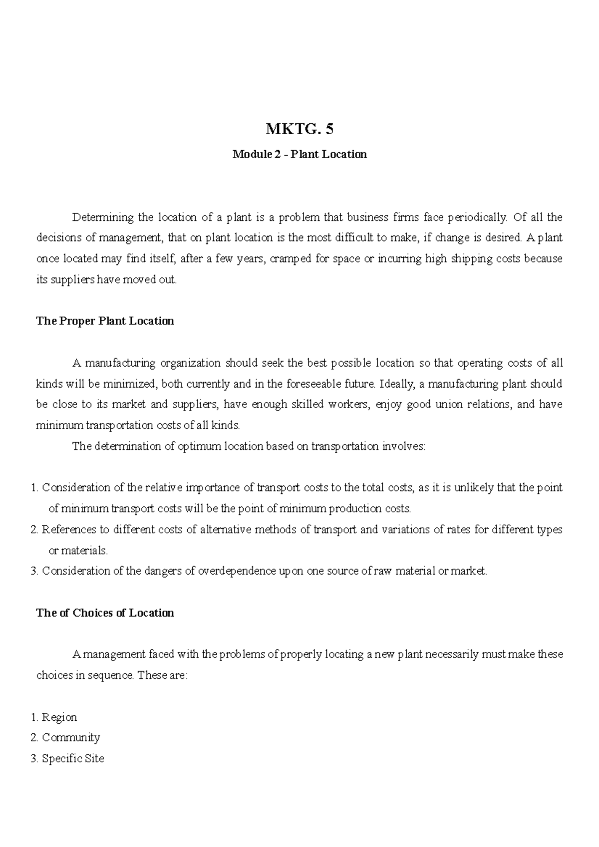 Module-2 - mkt - MKTG. 5 Module 2 - Plant Location Determining the ...