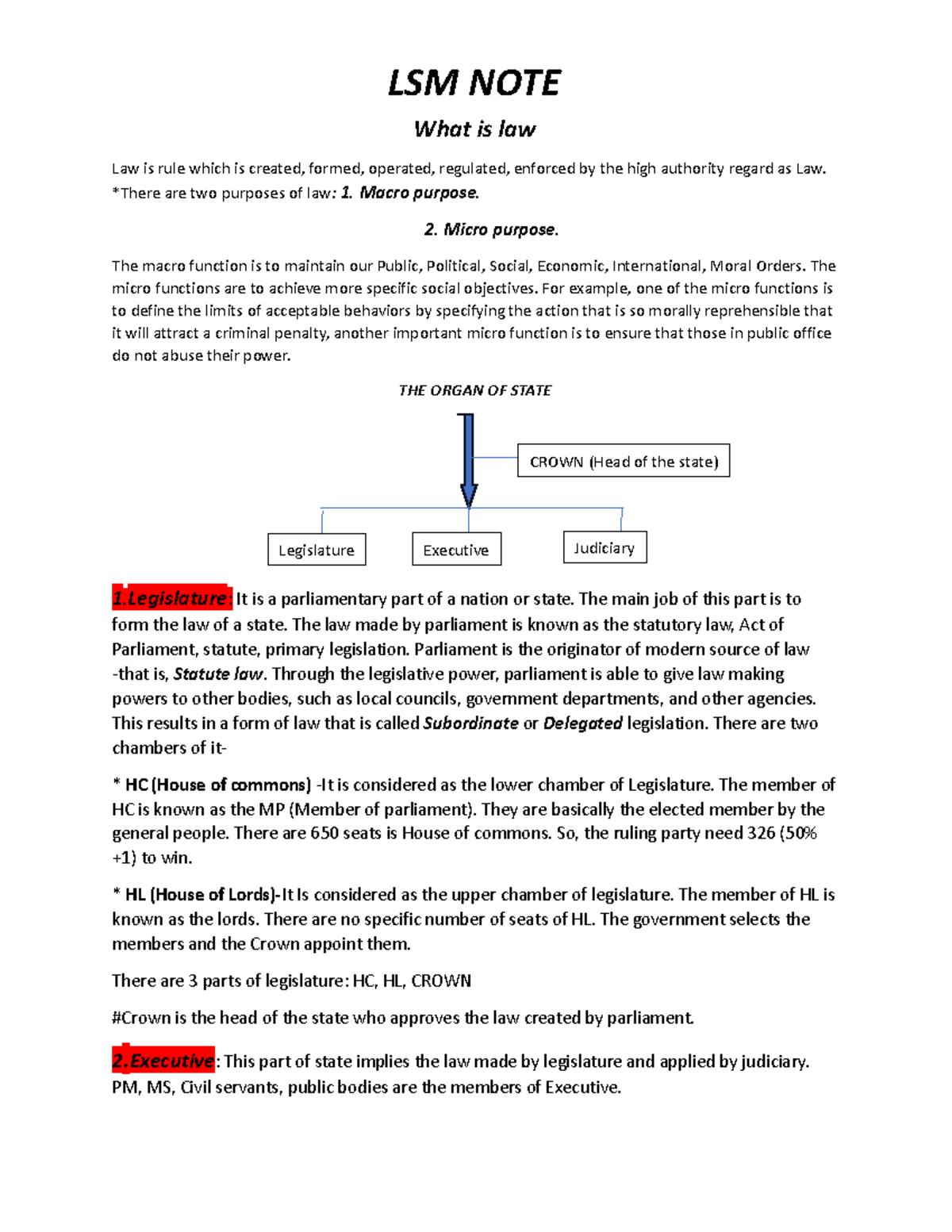 What is law - useful note - CROWN (Head of the state) Legislature ...