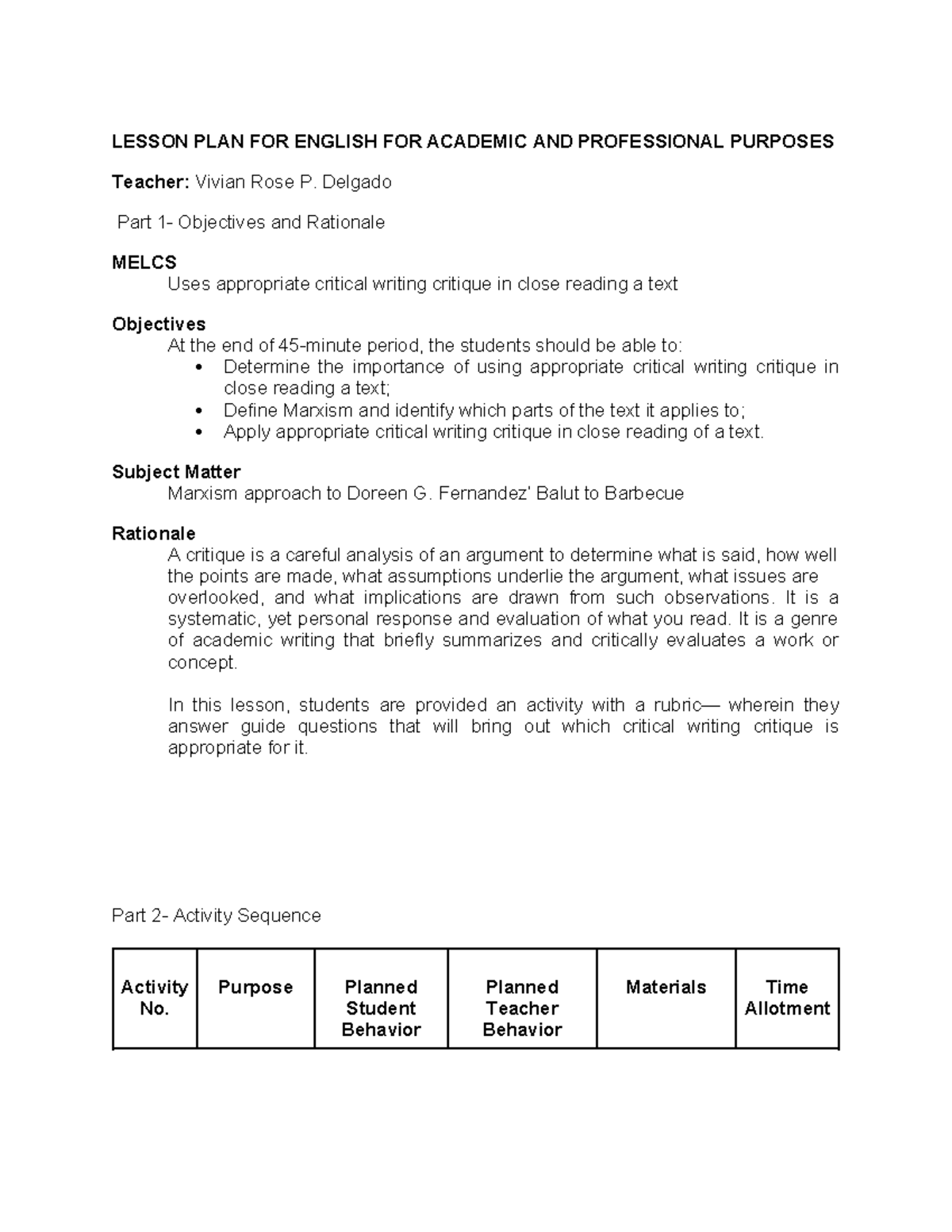 Lesson PLAN FOR English FOR Academic AND Professional Purposes - LESSON ...