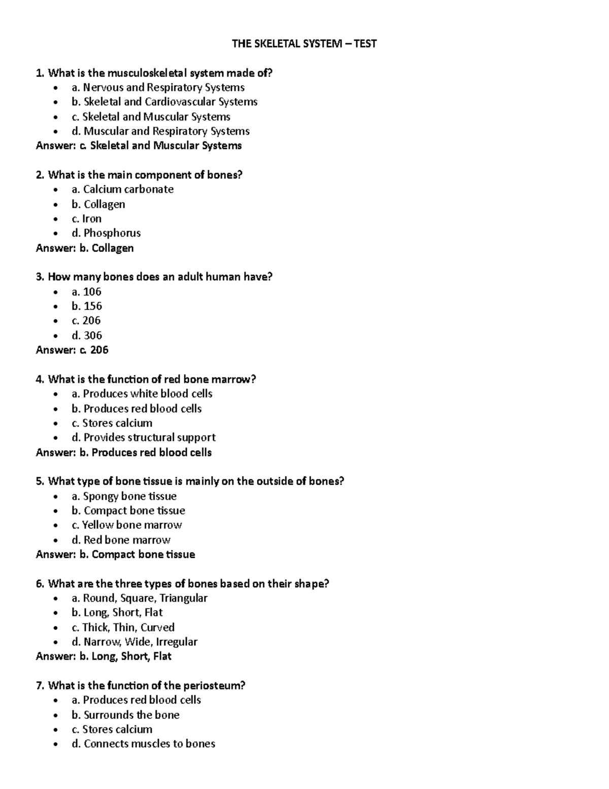 The Skeletal System - Test - THE SKELETAL SYSTEM – TEST What is the ...