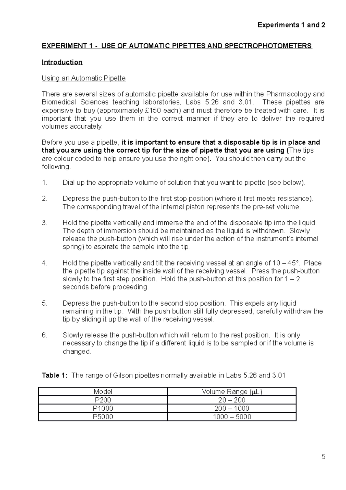 Exp 1 + 2 - use of automatic pipettes and spectrophotometers ...