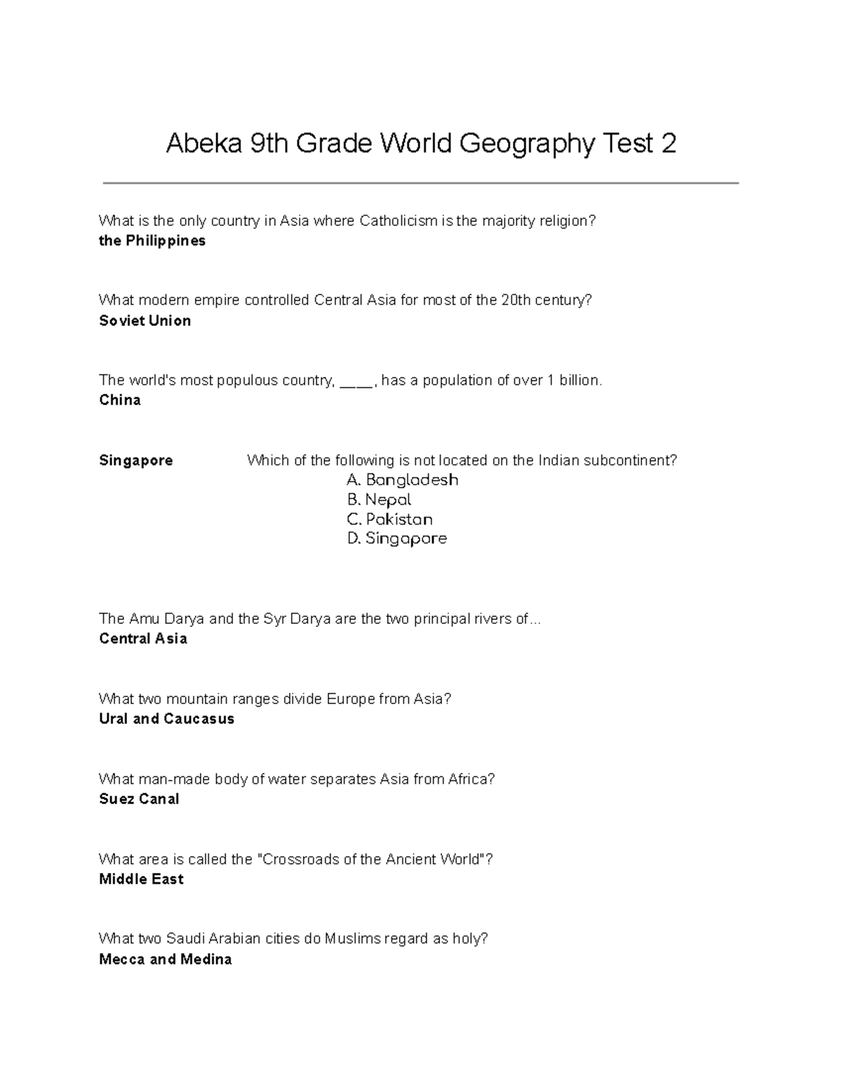 World Geography Test 2 - China Singapore Which of the following is not ...