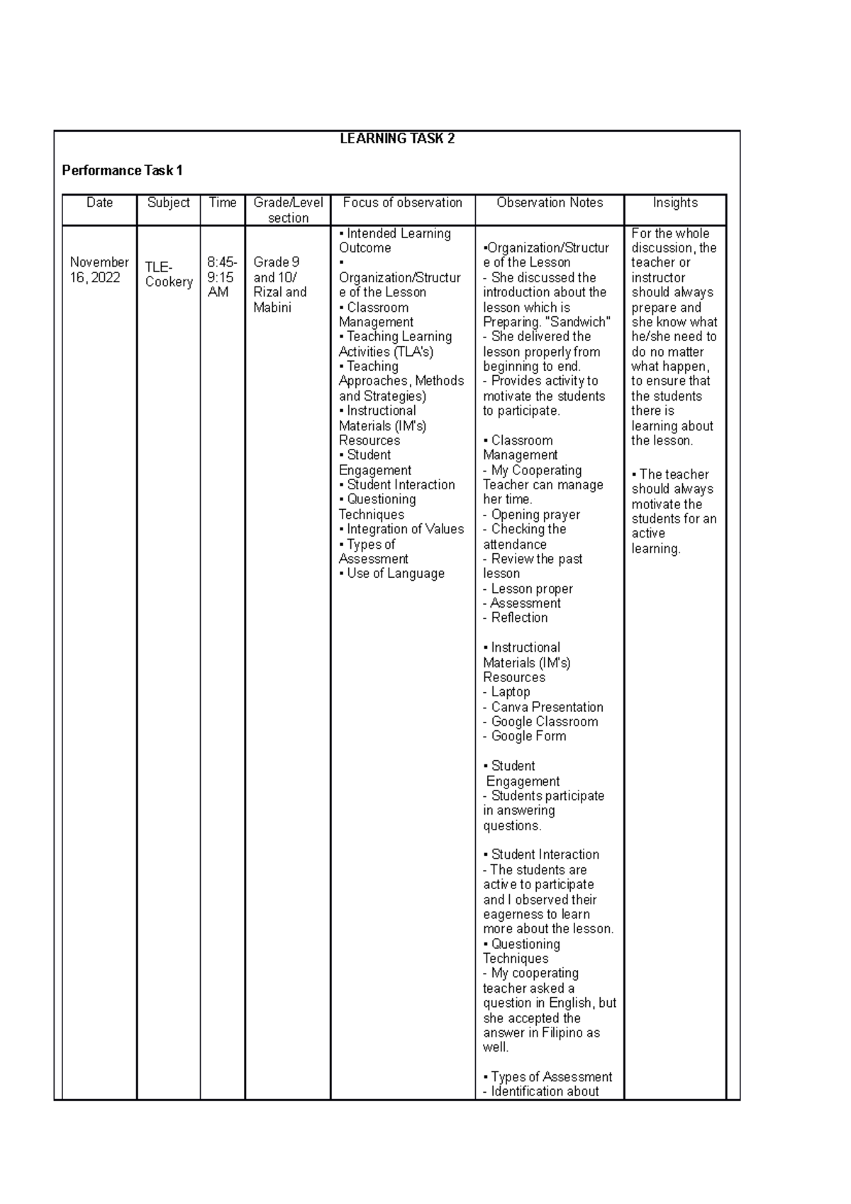 Ylearning TASK 2 5 Teaching Internship 1 LEARNING TASK 2 Performance