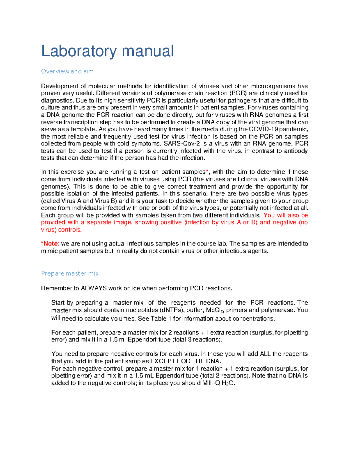 Laboratory manual - PCR - Laboratory manual Overview and aim ...