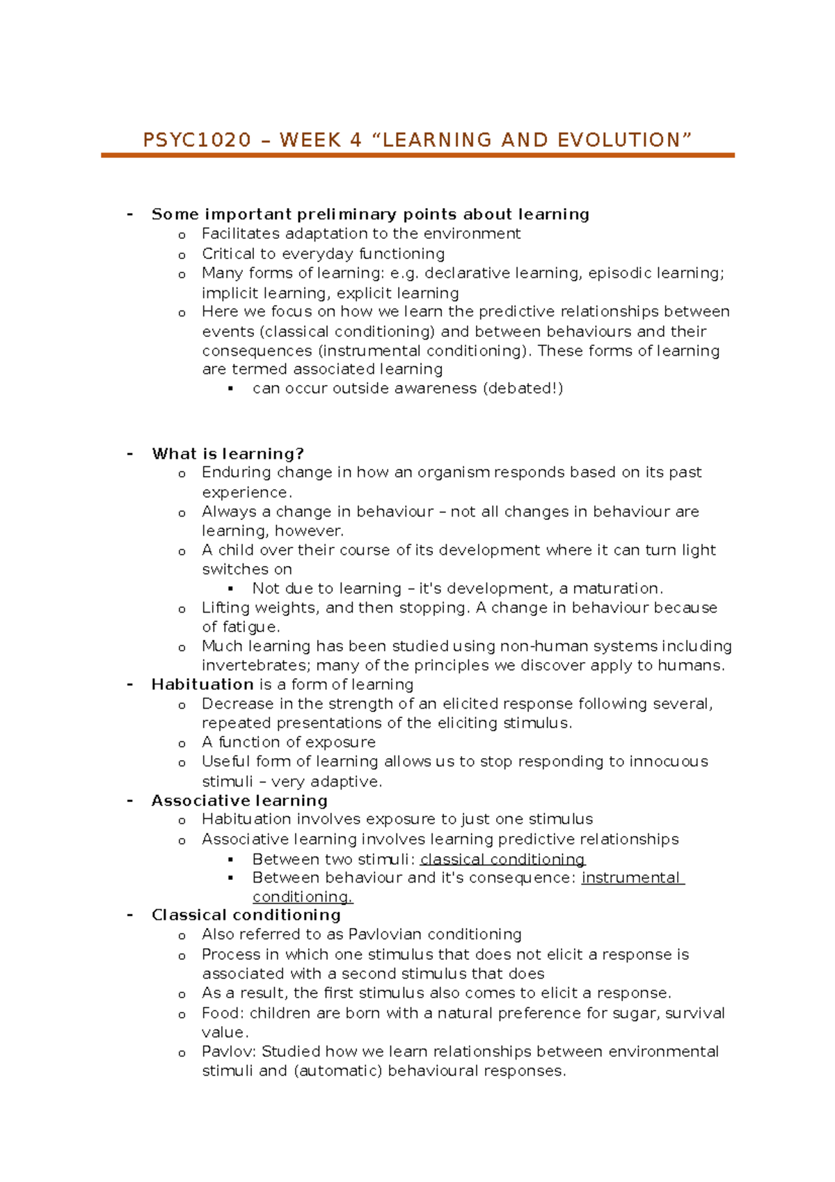 PSYCHOLOGY INTRO 2 - Week 4 Lecture Notes - PSYC1020 – WEEK 4 “LEARNING ...