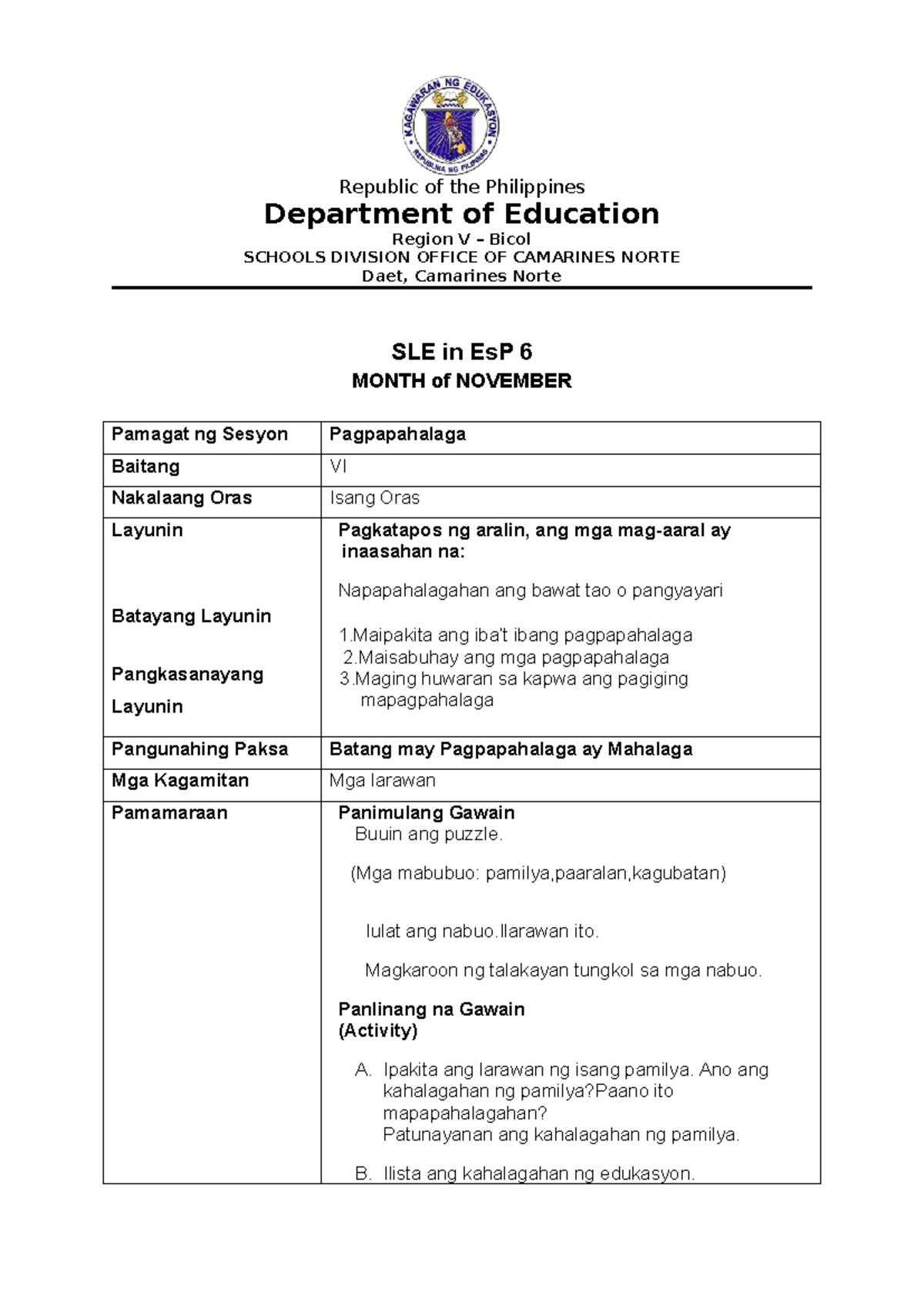 6-SLE- Nobyembre - notes - Republic of the Philippines Department of ...