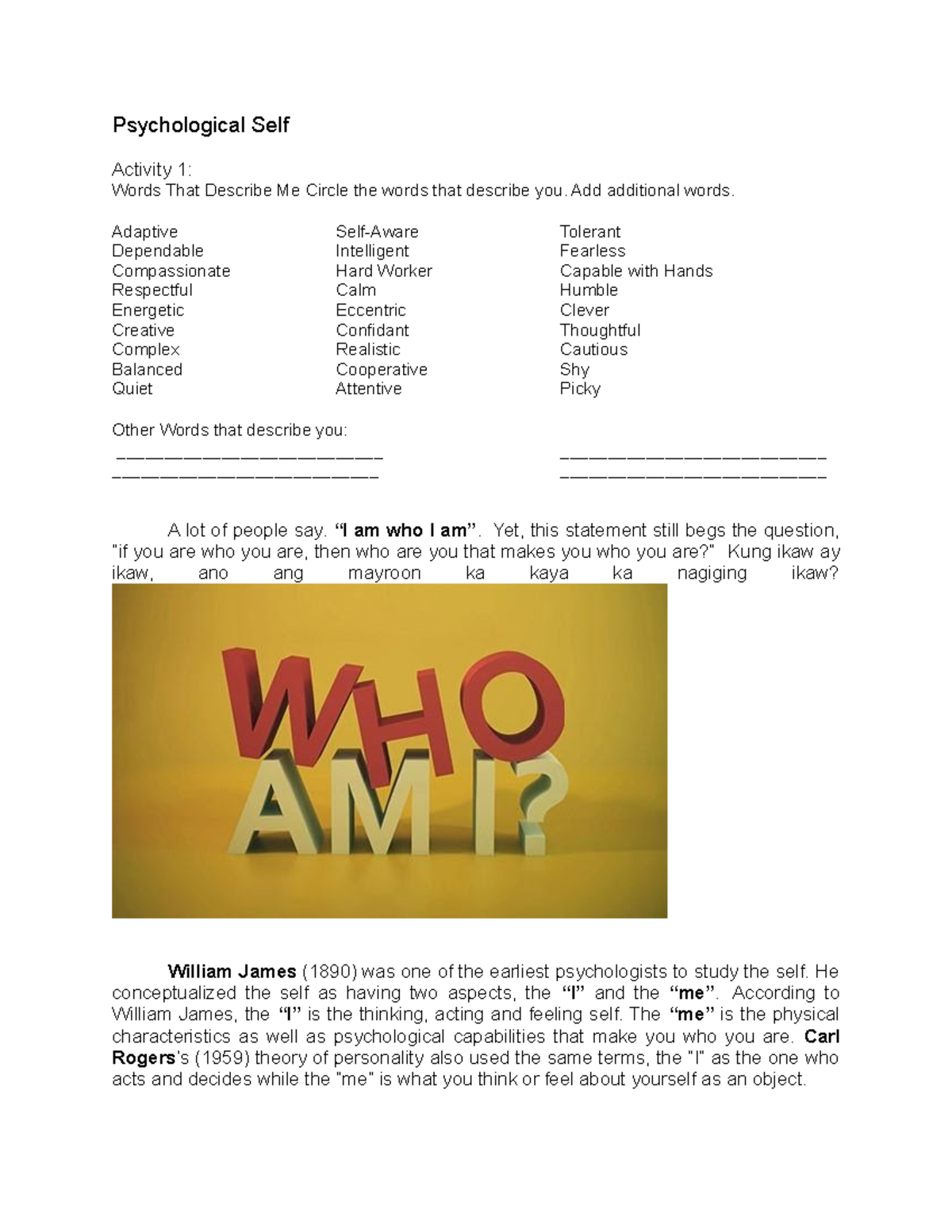 Psychological Self Module - Psychological Self Activity 1: Words That ...