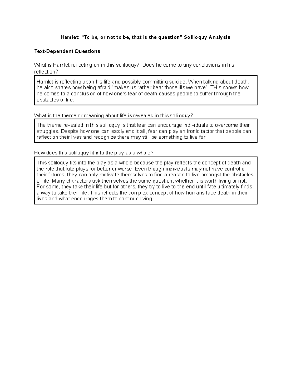 Hamlet Soliloquy Text Dependent Questions “To be, or not to be, that is ...