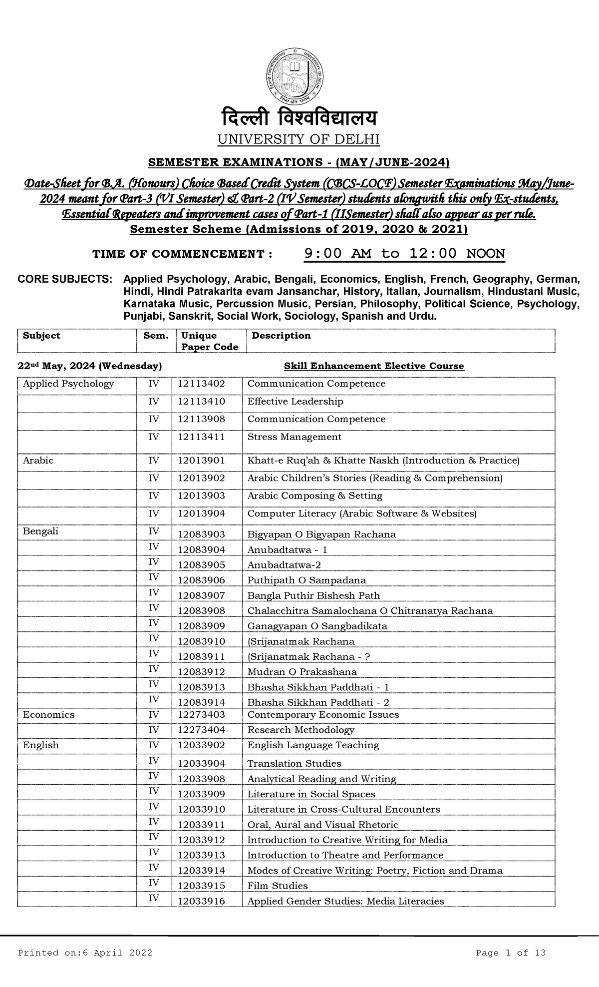 2024-04-15-BA(H) 2024-SEM.-II-IV -VI (CBCS) - fnYyh fo’ofo|ky; UNIVERSITY OF DELHI SEMESTER ...