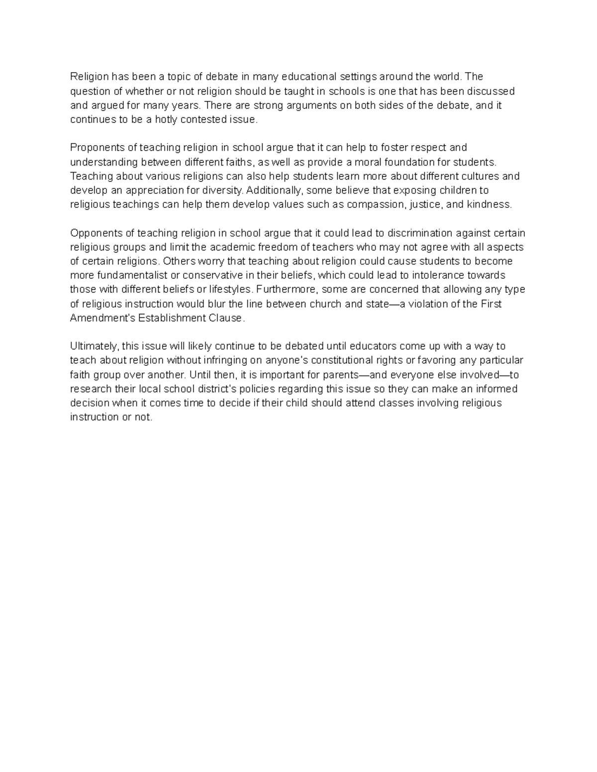 ENG 110 religion - Professor Ford - Religion has been a topic of debate ...