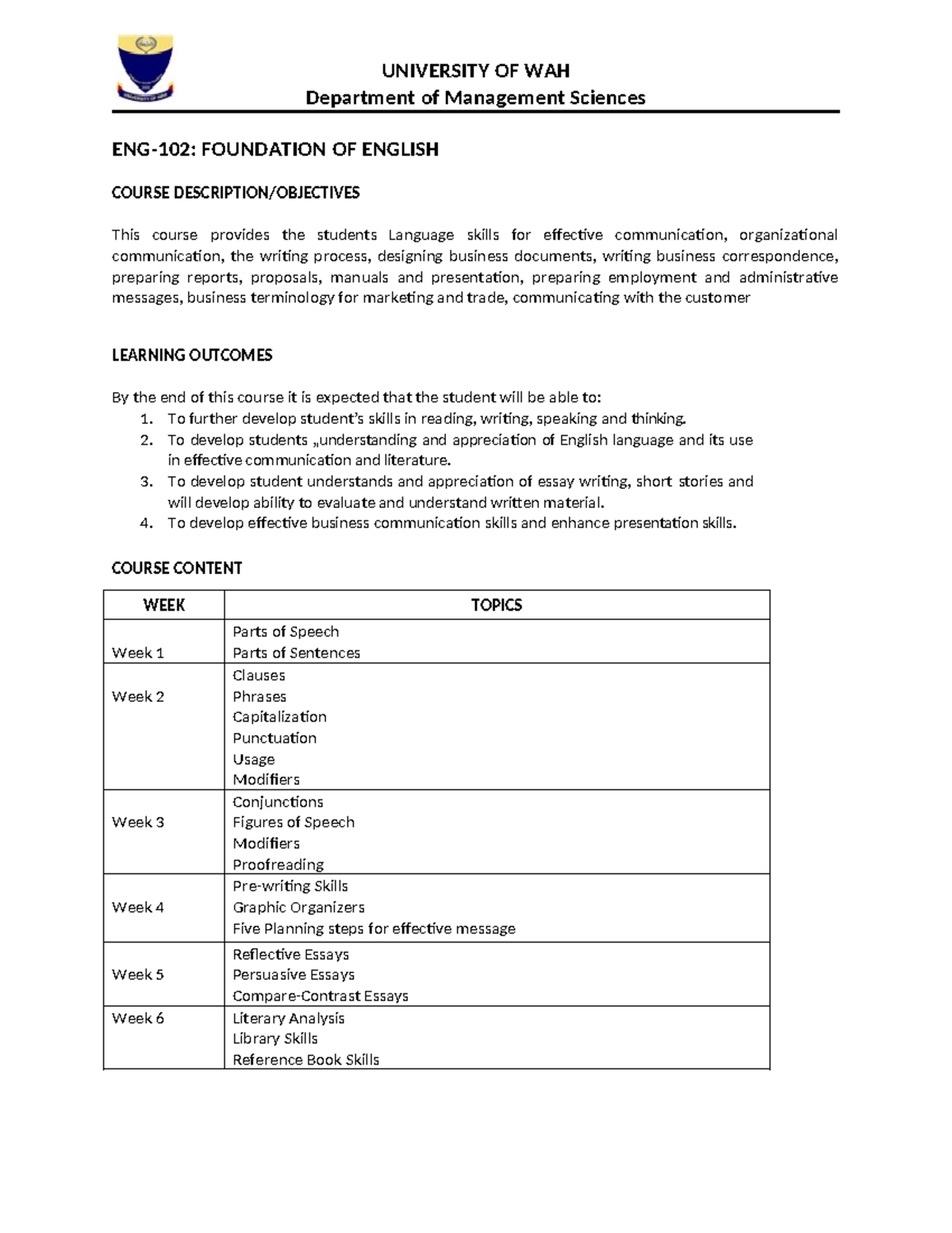 ENG-102 Foundation of English - UNIVERSITY OF WAH Department of ...