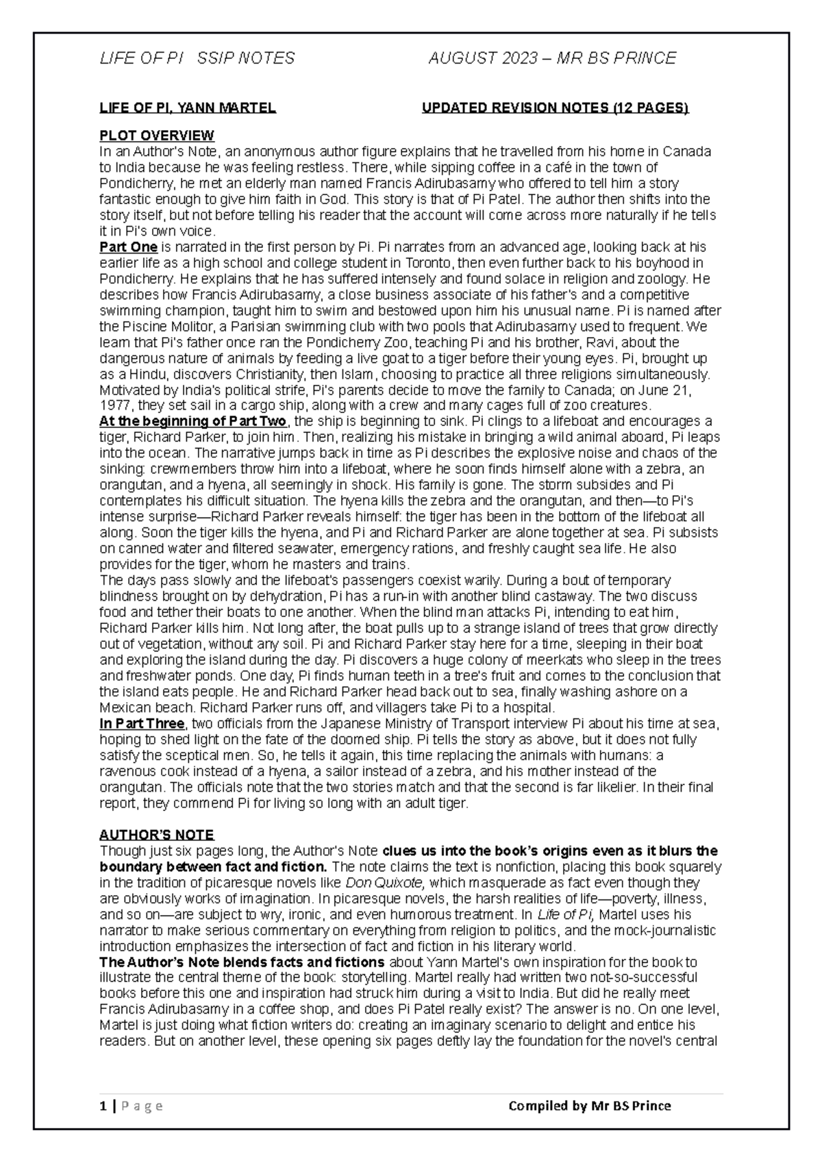 LIFE OF PI - August 2023 - summary on life of pi - LIFE OF PI, YANN ...