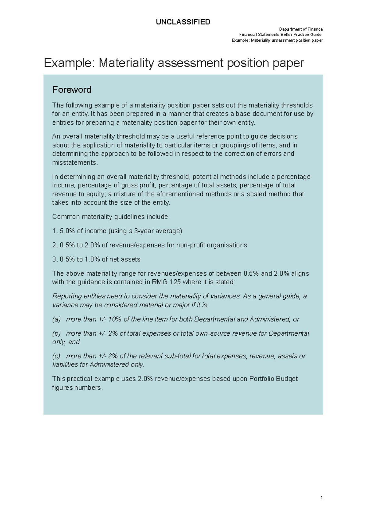 Example materiality assessment position paper - Department of Finance ...