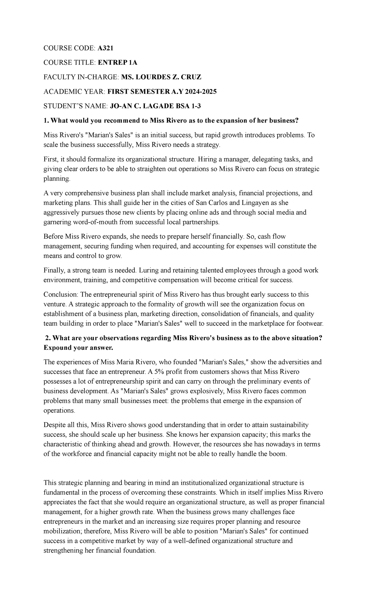 Problem-CASE - case problem 1, entrepreneurship - COURSE TITLE: ENTREP ...