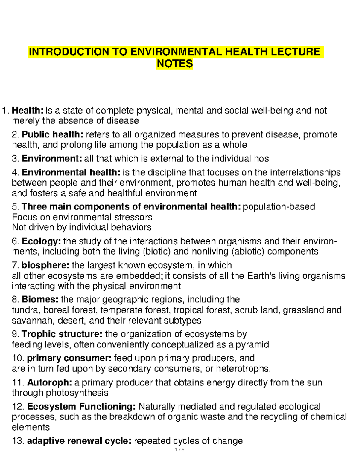 Introduction To Environmental Health Lecture Notes Introduction To