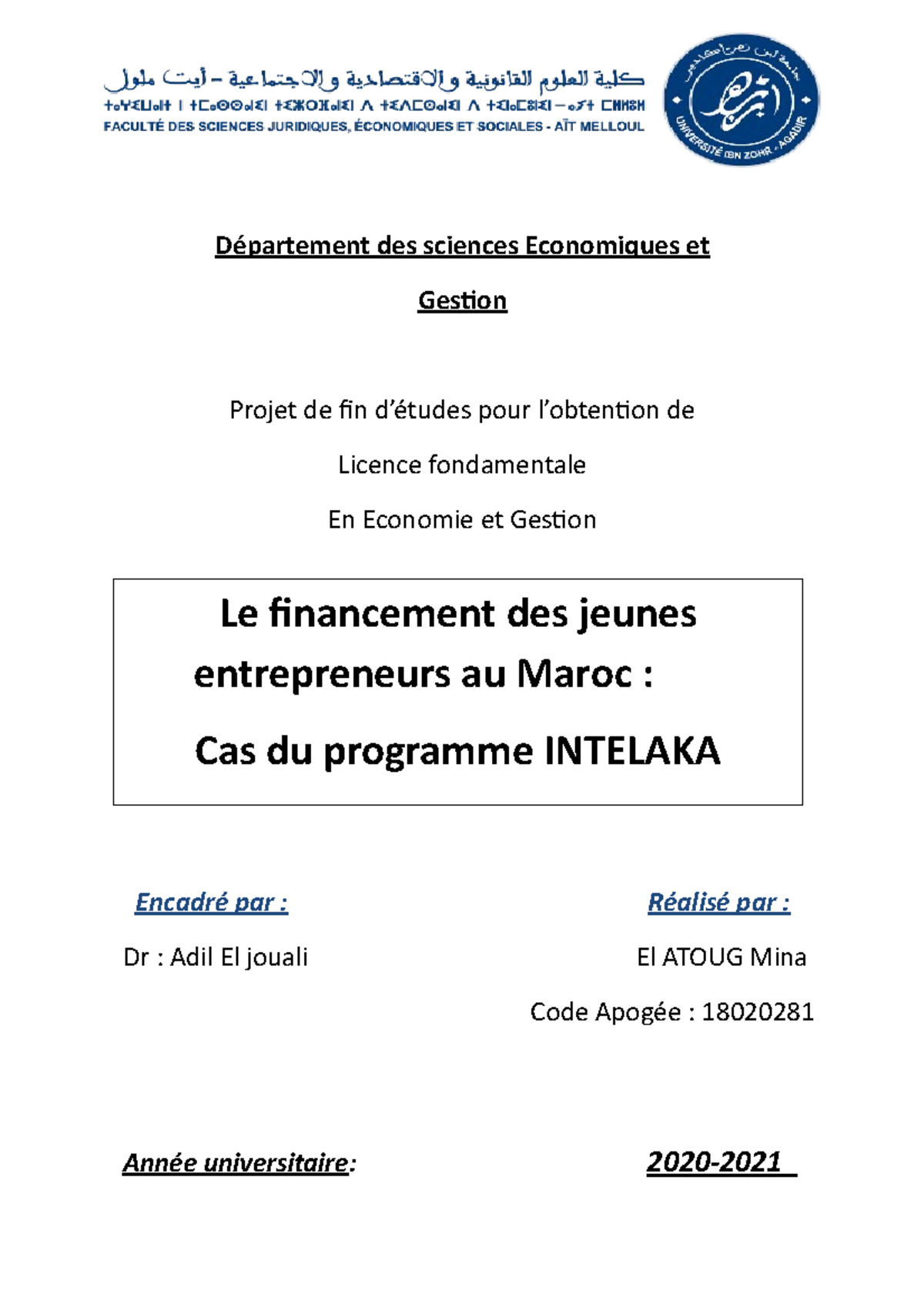 PFE - projet de fin d'études - Département des sciences Economiques et ...