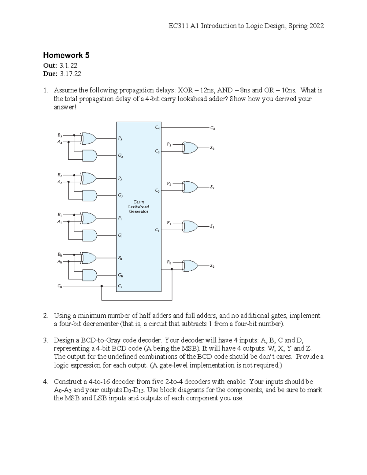 EC311 HW5(10) - Prof. Tali Moreshet - EC311 A1 Introduction to Logic Design, Spring 2022 ...