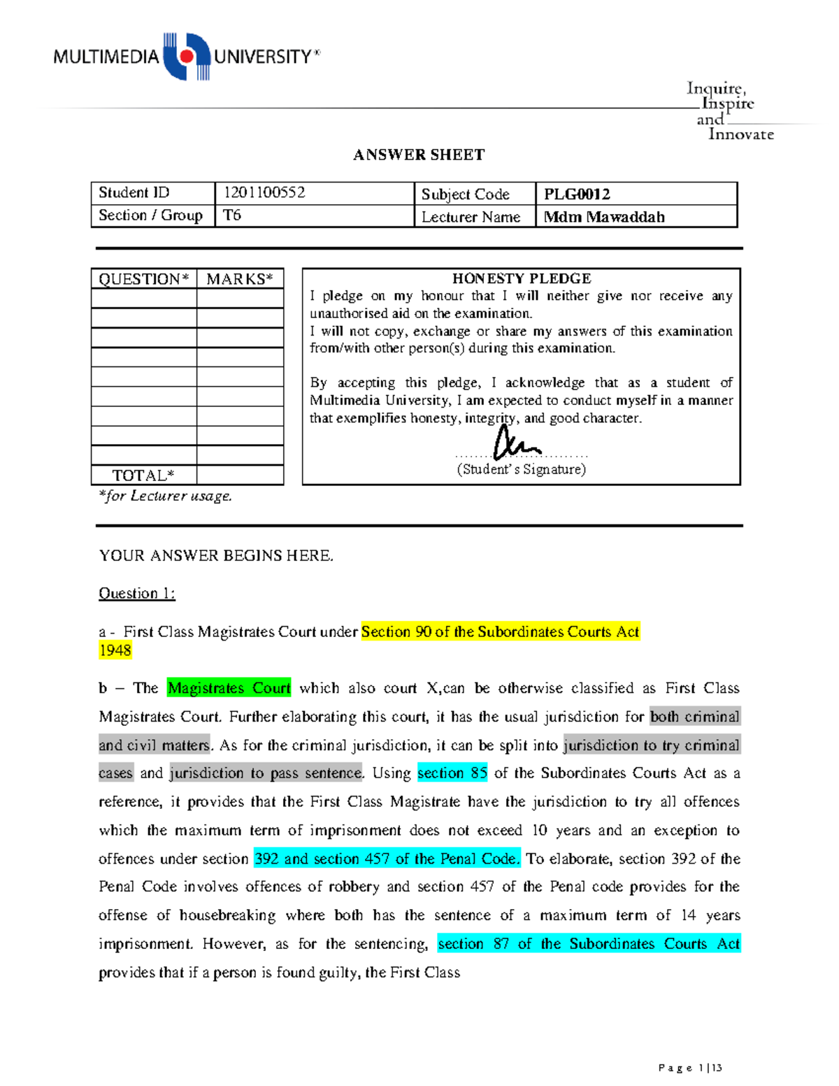 12011 00552 PLG0012 T6 - Hi hi - ANSWER SHEET Student ID 1201100552 ...