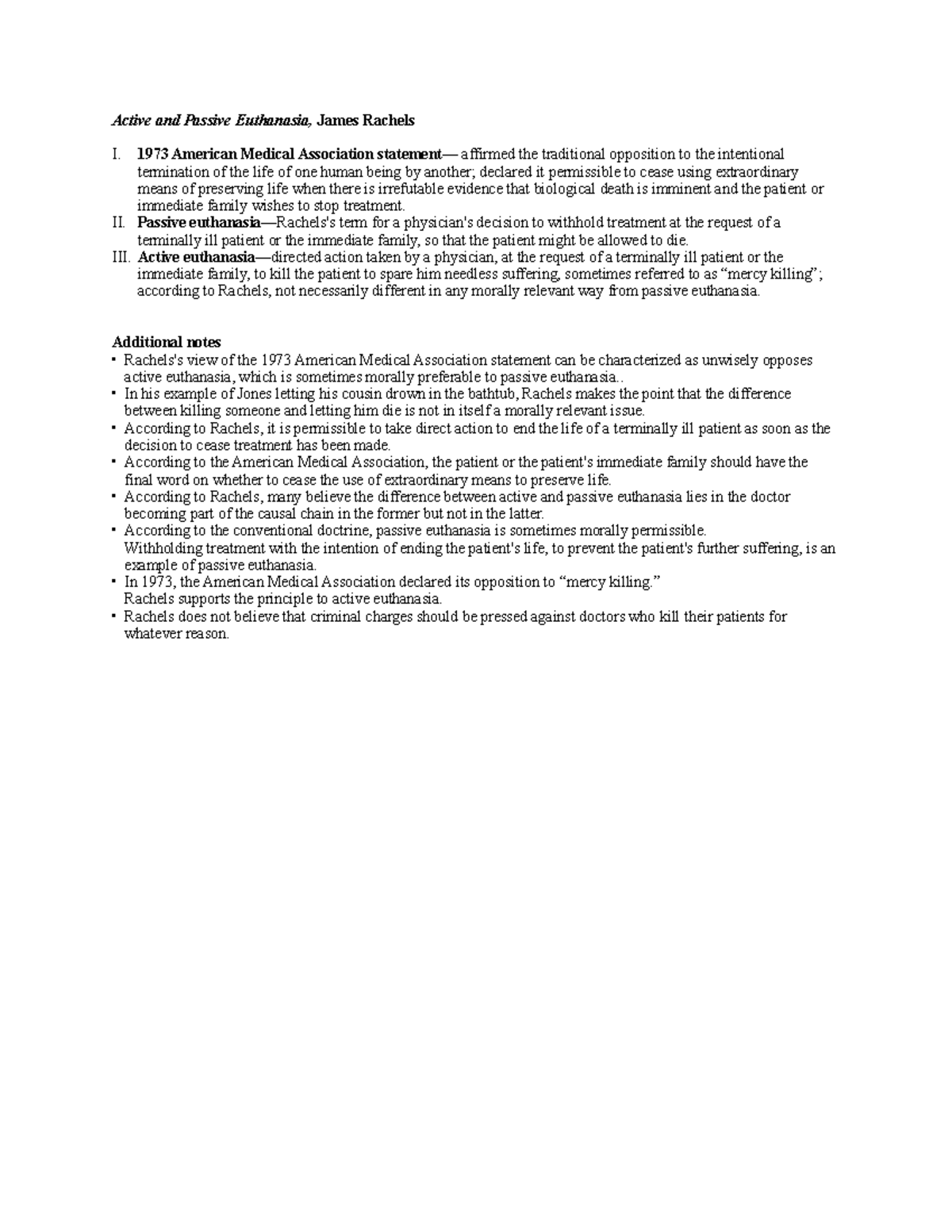 Reading Notes for Euthanasia - Active and Passive Euthanasia, James ...