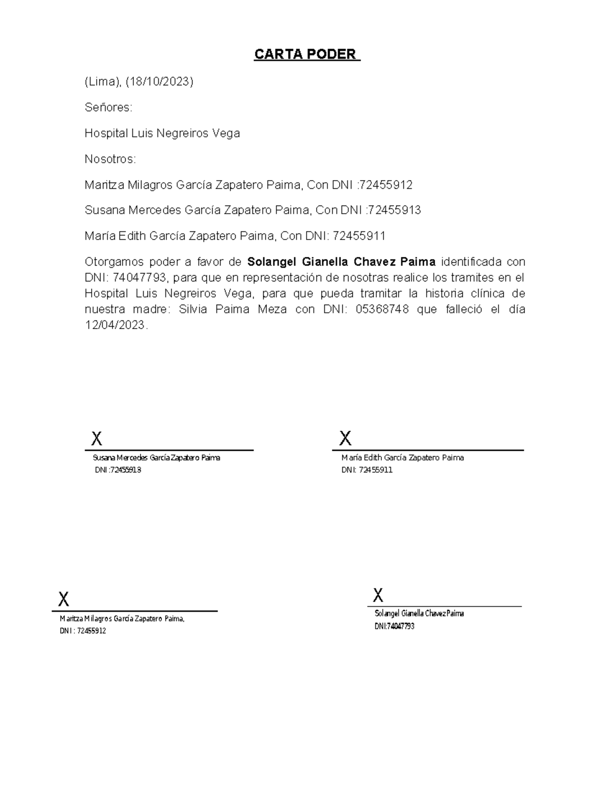 Carta poder simple - CARTA PODER (Lima), (18/10/2023) Señores: Hospital ...