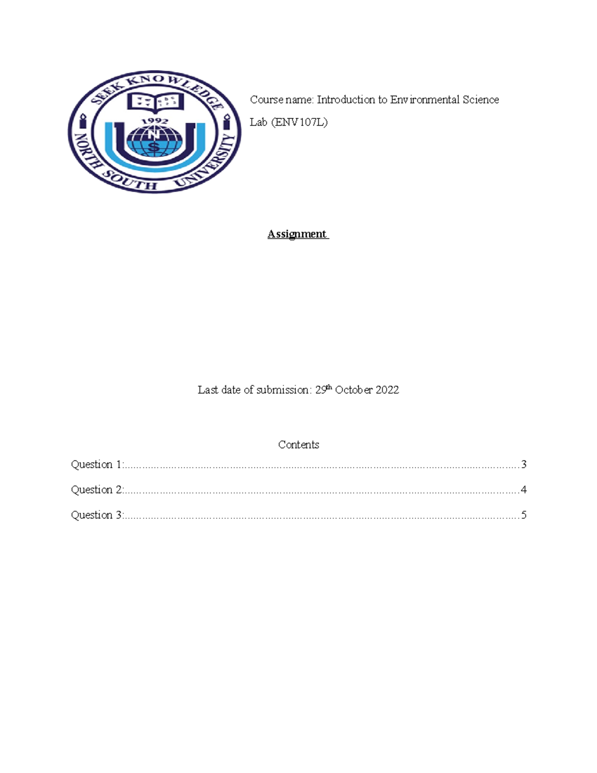 Env 107l 5 final task - Course name: Introduction to Environmental Science Lab (ENV107L ...
