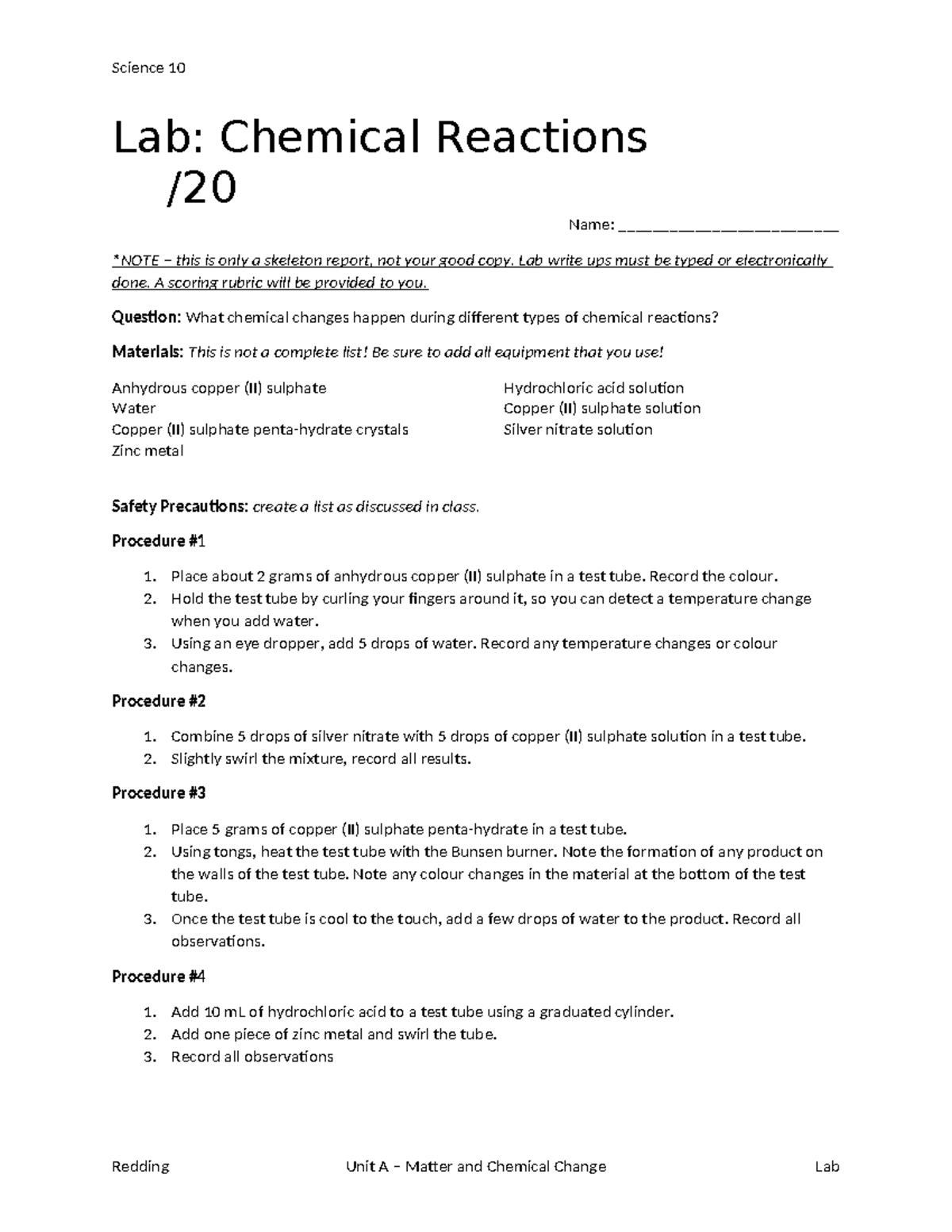 Chemical reactions lab 2015 - Science 10 Lab: Chemical Reactions / Name
