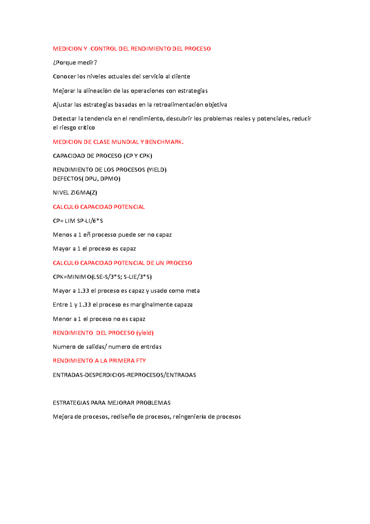 Repaso - Apuntes de formulas - MEDICION Y CONTROL DEL RENDIMIENTO DEL ...
