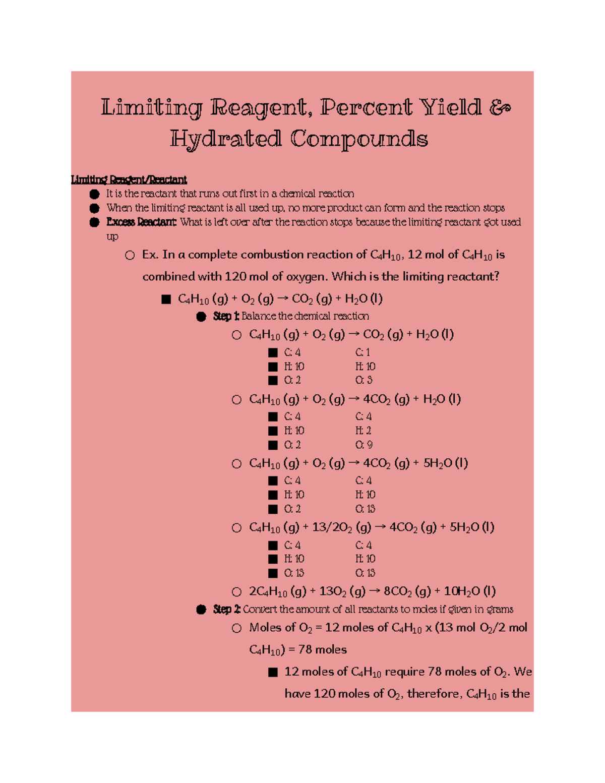 3.4 Notes - Limiting Reagent, Percent Yield & Hydrated Compounds ...