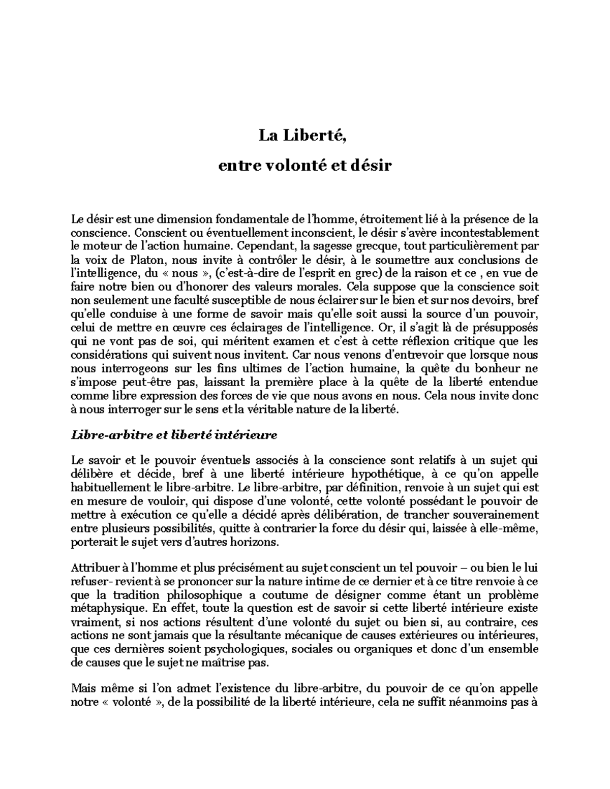 La Liberté TS - La Liberté, entre volonté et désir Le désir est une ...
