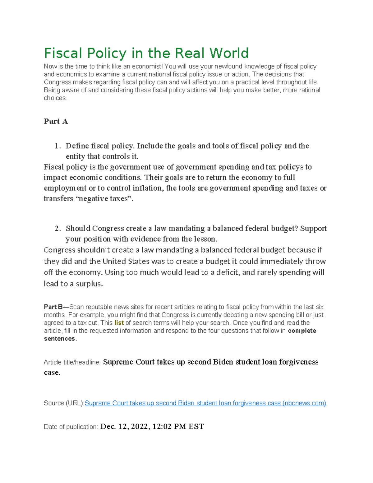 Part A—Respond to the following questions regarding fiscal p - Fiscal ...