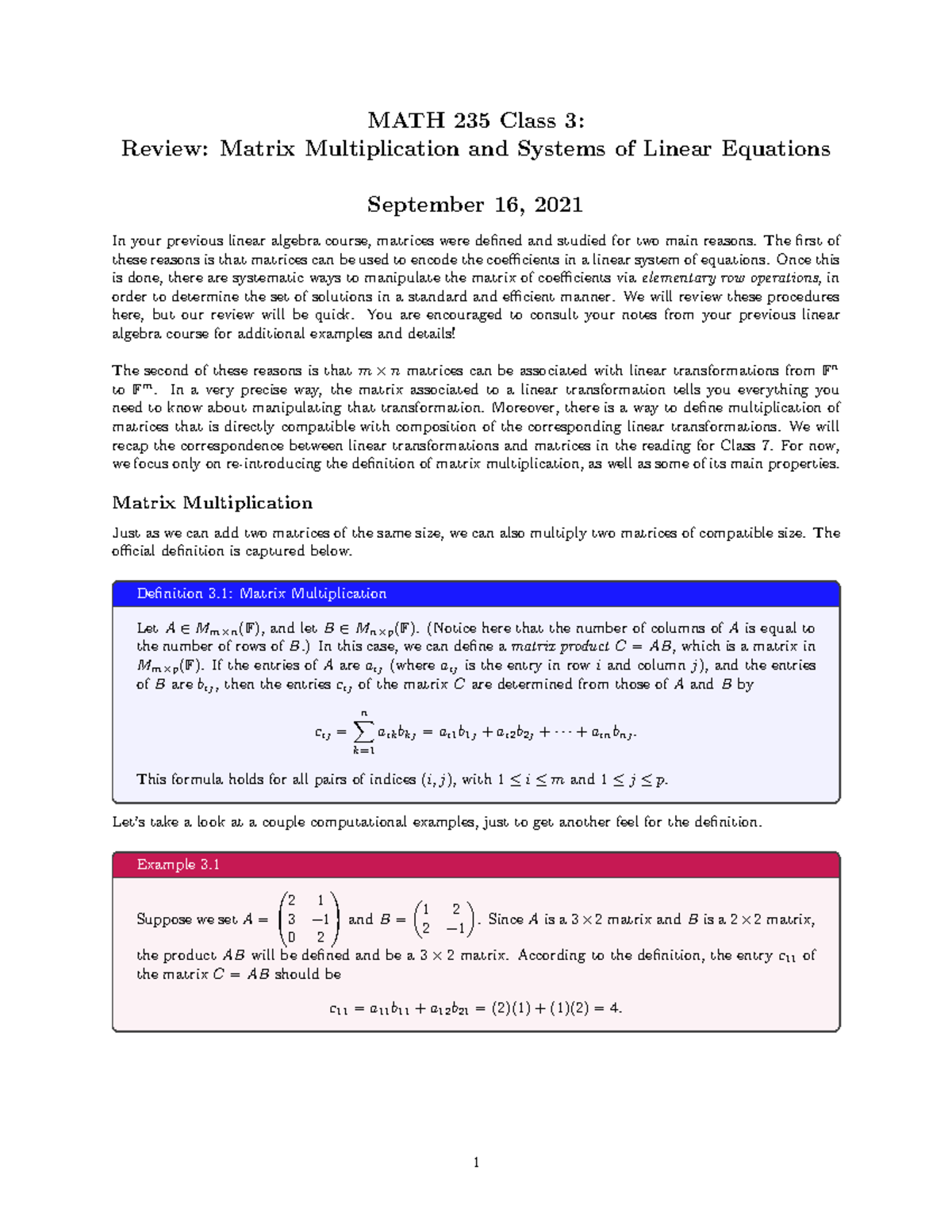 Class 3 - Review - Matrix Multiplication and Systems of Linear ...