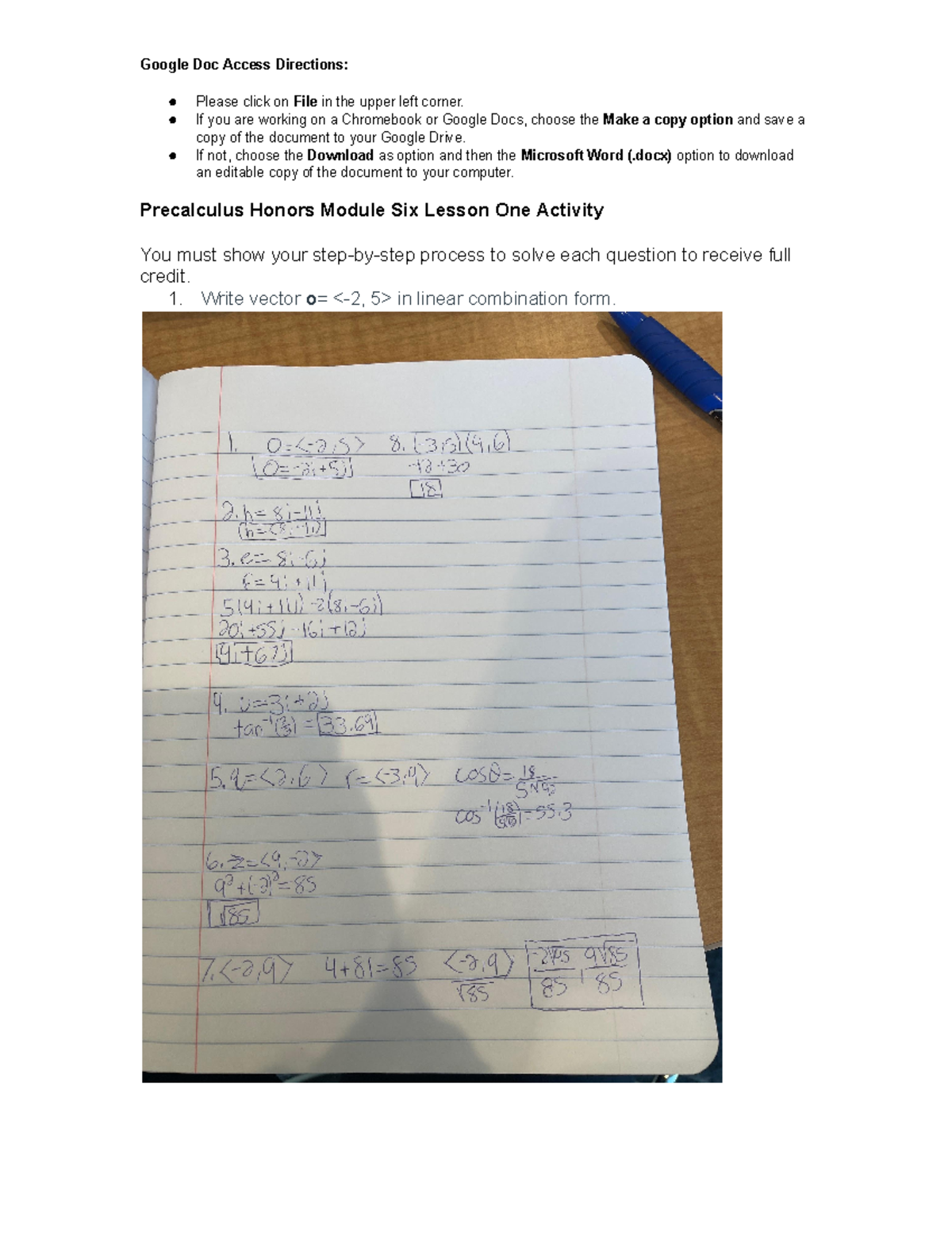 Precalculus Honors Module Six Lesson One Activity - Google Doc Access ...