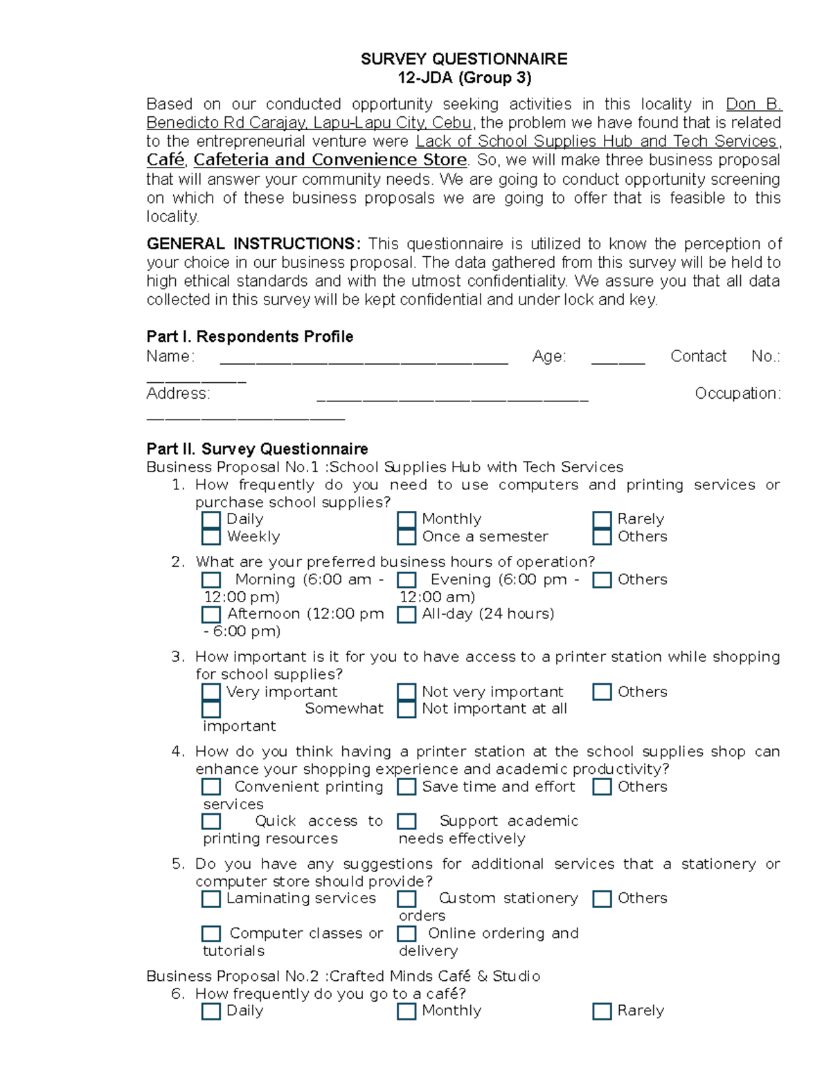 Example of Survey Questionnaire - SURVEY QUESTIONNAIRE 12-JDA (Group 3 ...