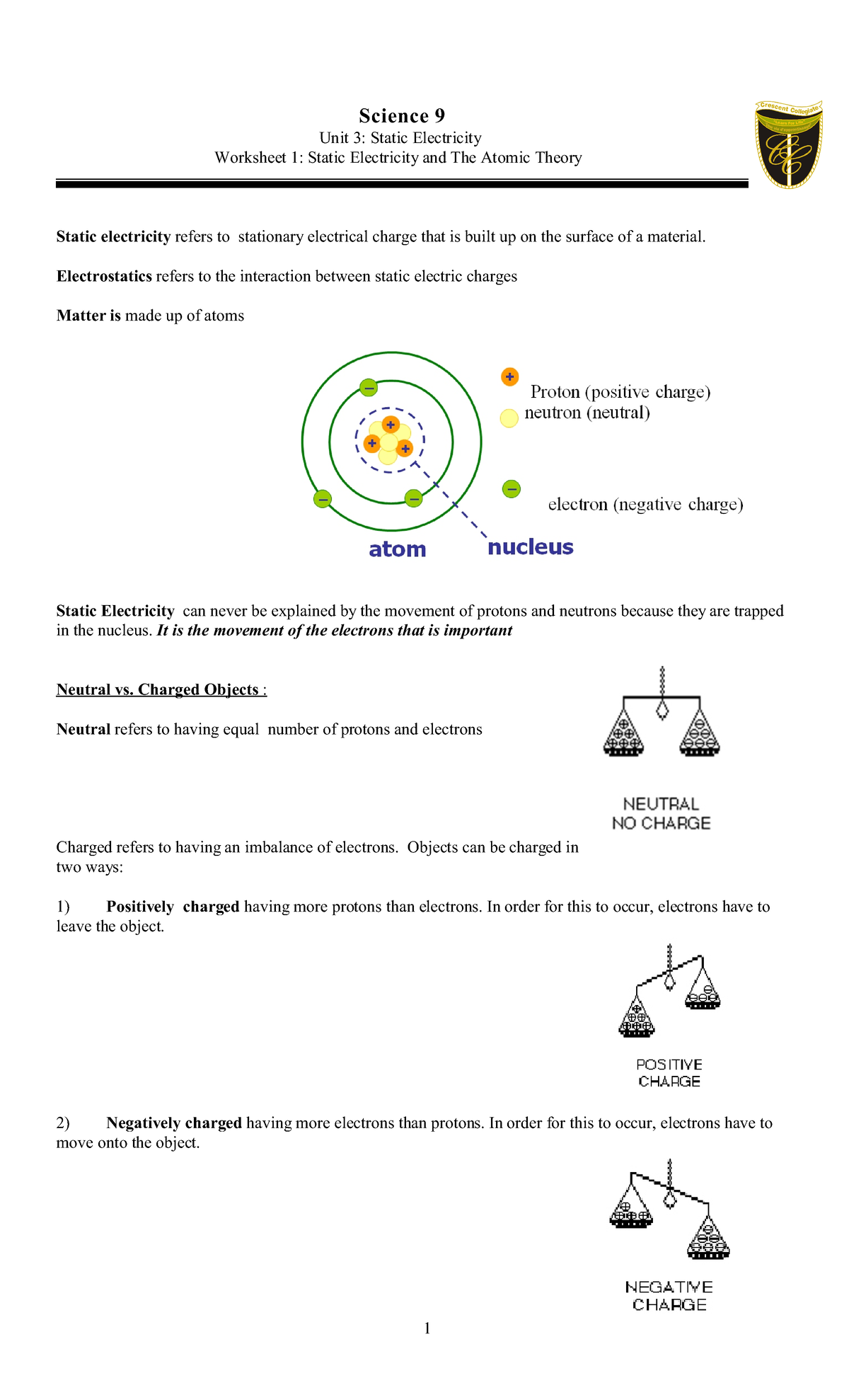 Static electricity - practical - Science 9 Unit 3: Static Electricity Worksheet 1: Static - Studocu