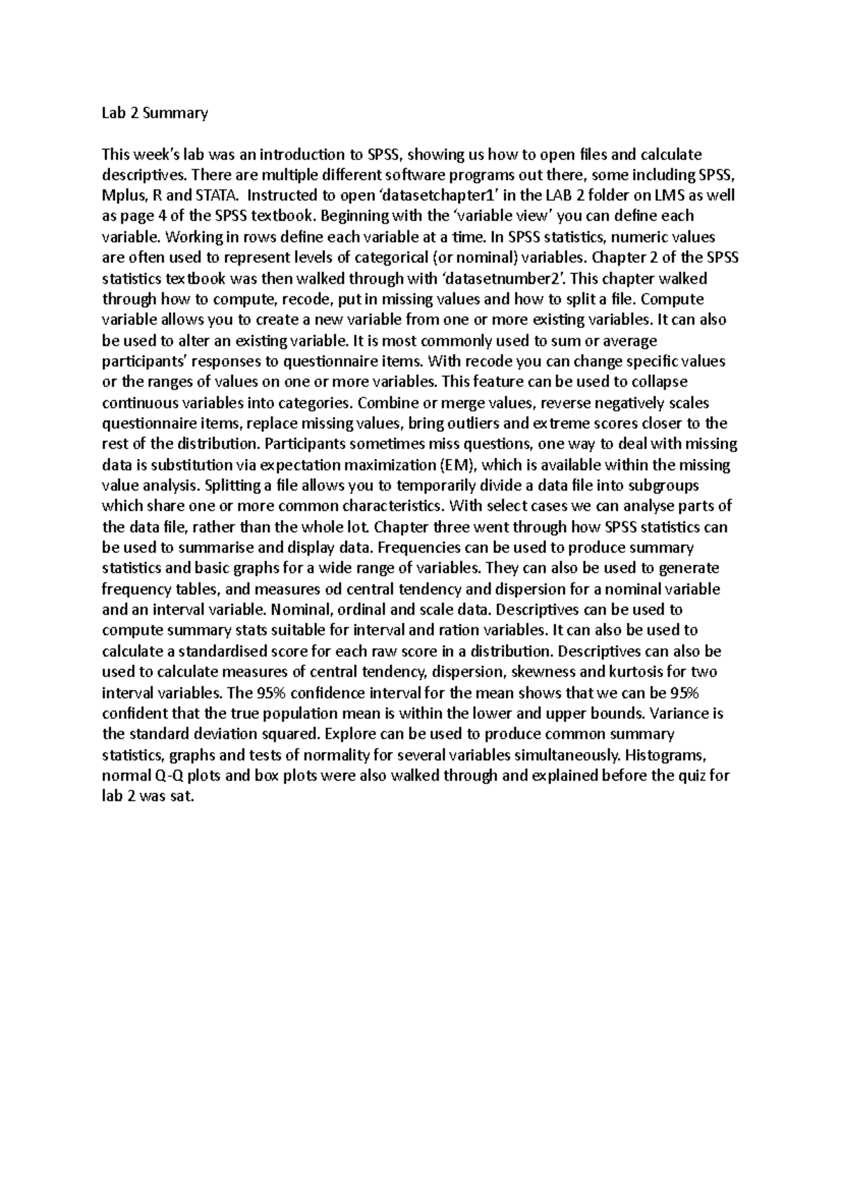 Mas183 Lab 2 Summary 2019 Semester 1 Lab 2 Summary This Weeks Lab Was An Introduction To Spss 