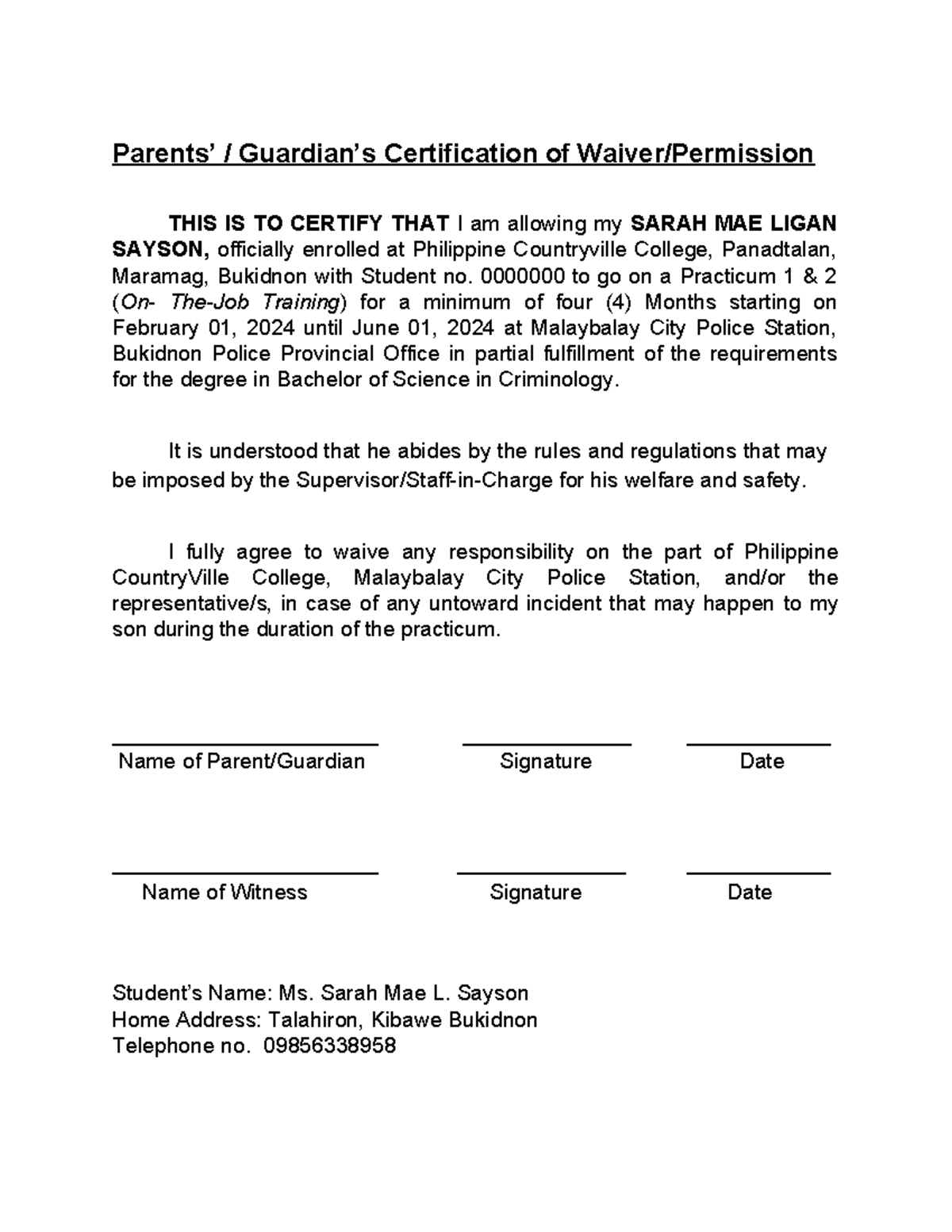 Waiver sarami - Parents’ / Guardian’s Certification of Waiver ...