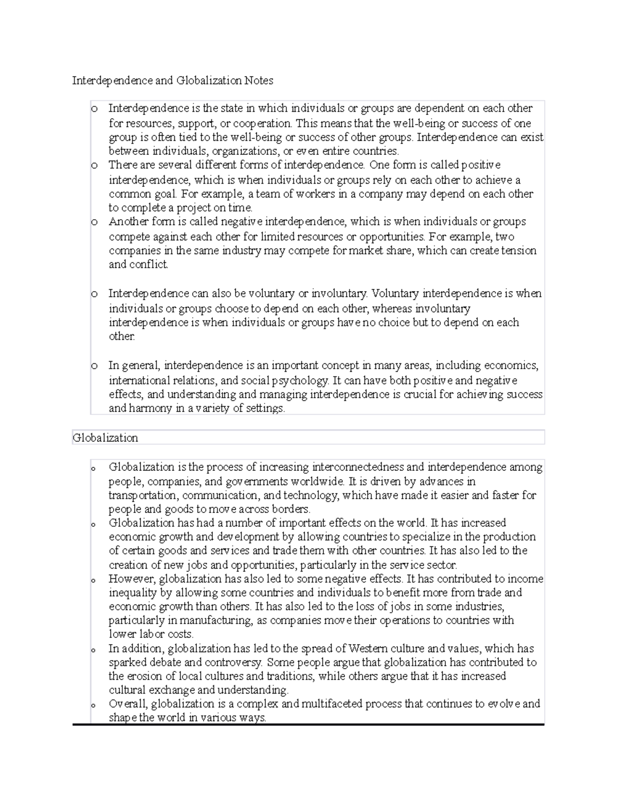 Interdependence and Globalization Notes - This means that the well ...