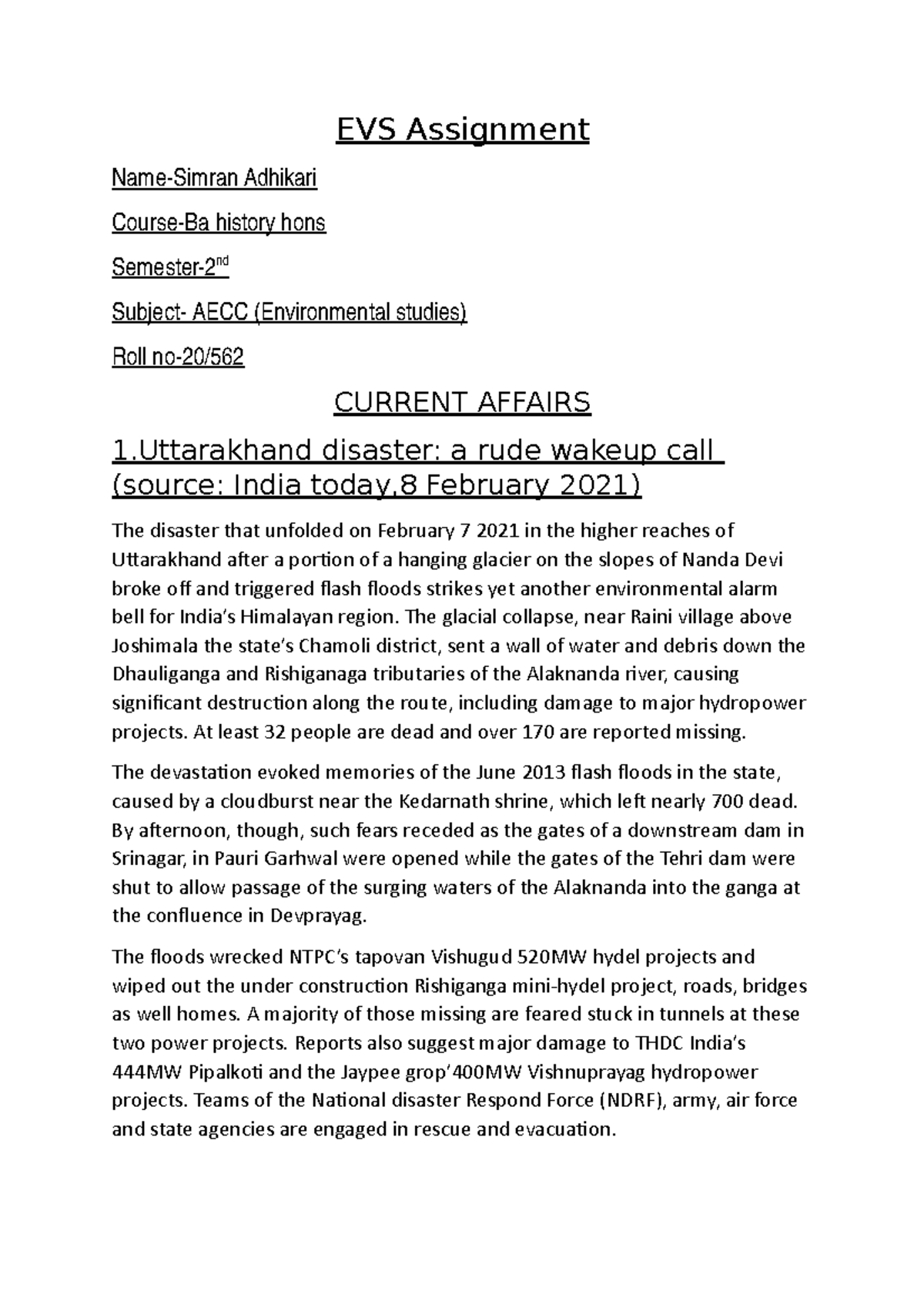 Share EVS assignment Simran 562 - EVS Assignment Name-Simran Adhikari ...