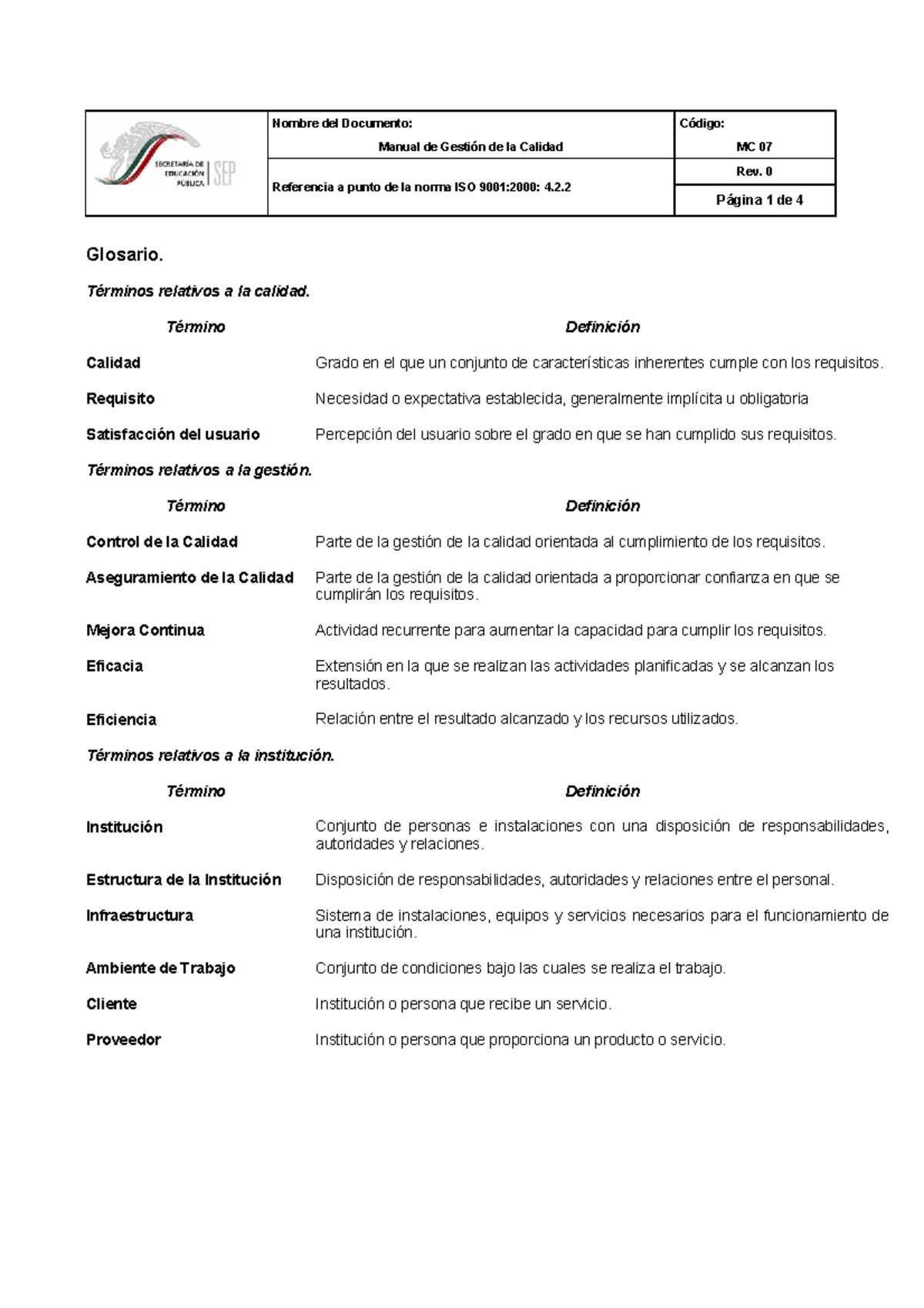 Glosario - terminos de calidad - Manual de GestiÛn de la Calidad MC 07 ...