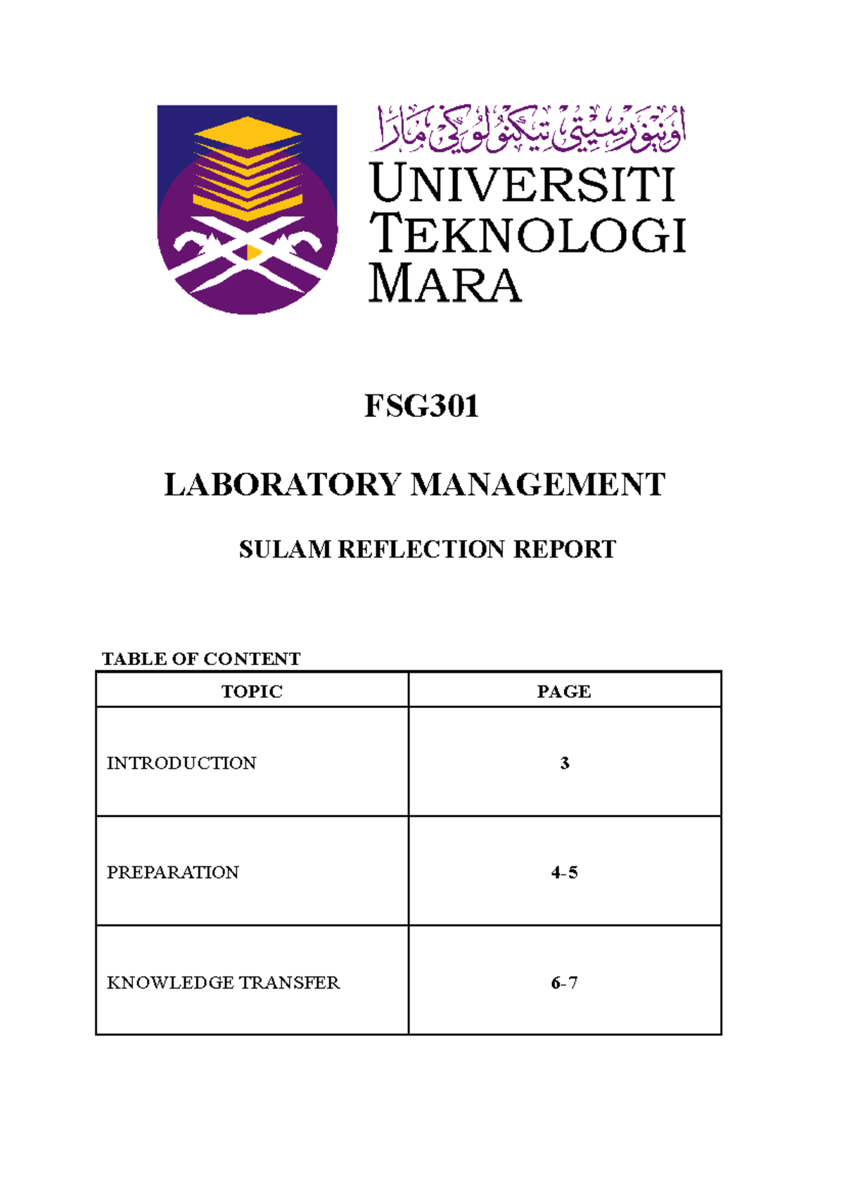 Sulam Reflection Report - FSG LABORATORY MANAGEMENT SULAM REFLECTION ...