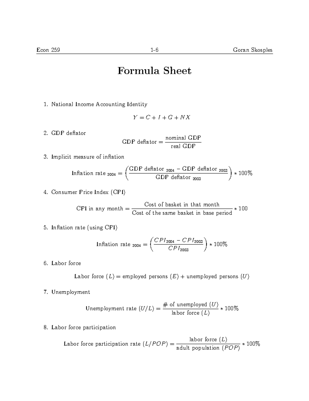 Formula Sheet - Econ 259 1-6 Goran Skosples Formula Sheet 1. National ...
